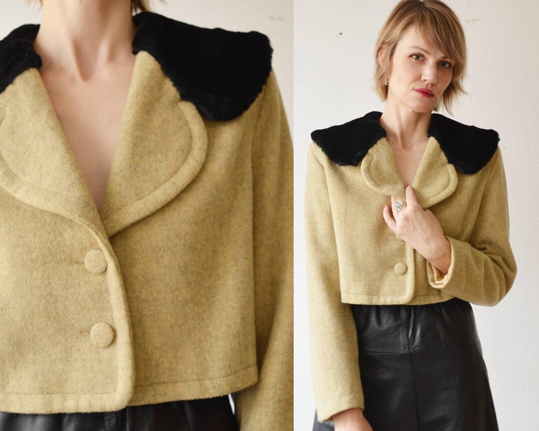 Vintage Cropped Buff Pastel Yellow Wool Jacket With Oversized Faux Fur ...