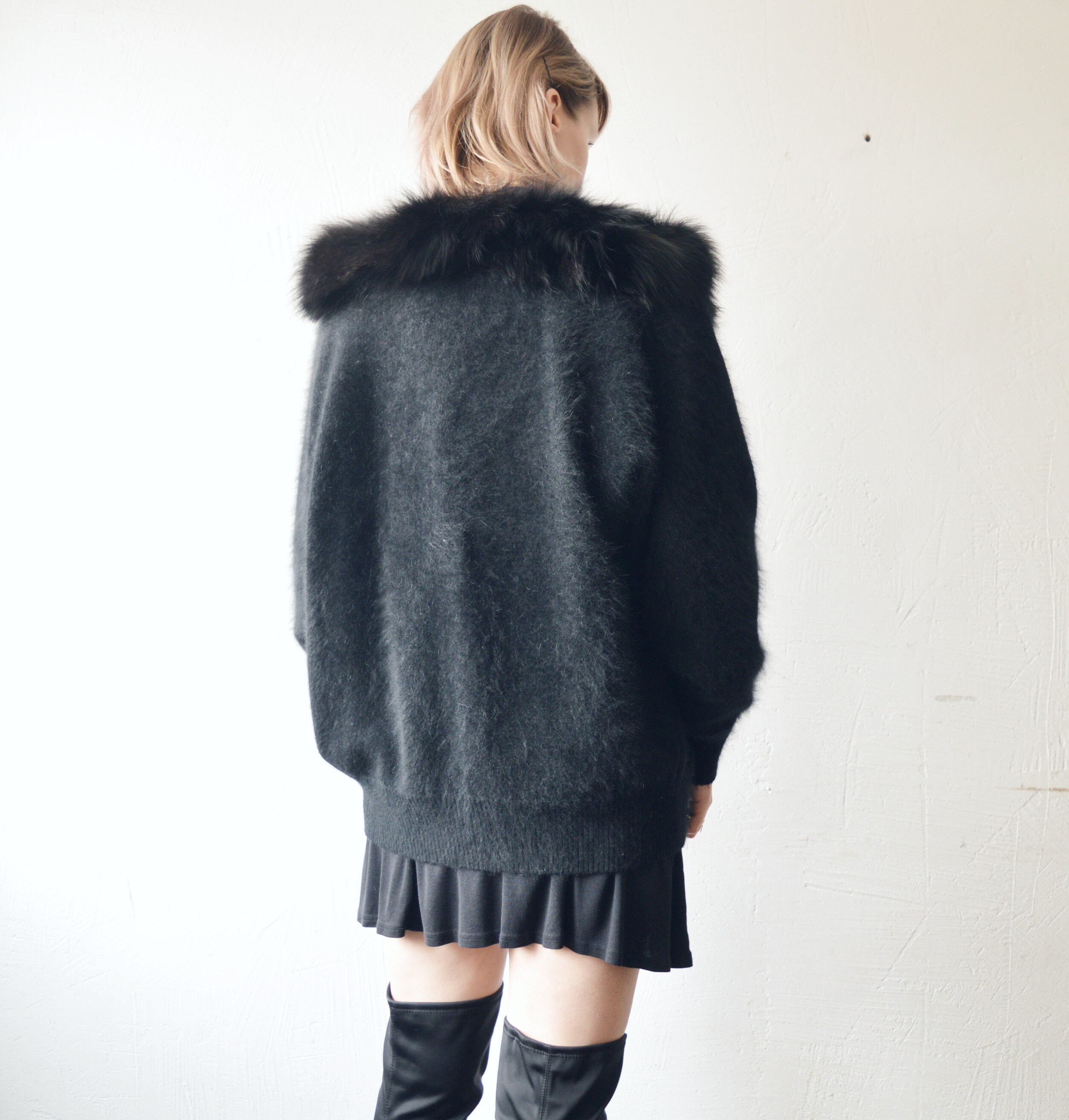 80s Black Angora Real Fox Fur Trim Cardigan. Fox Stole Cardigan Medium ...