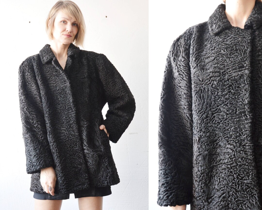 70s 80s Black Genuine Persian Curly Lamb Karakul Fur Trapeze Coat ...