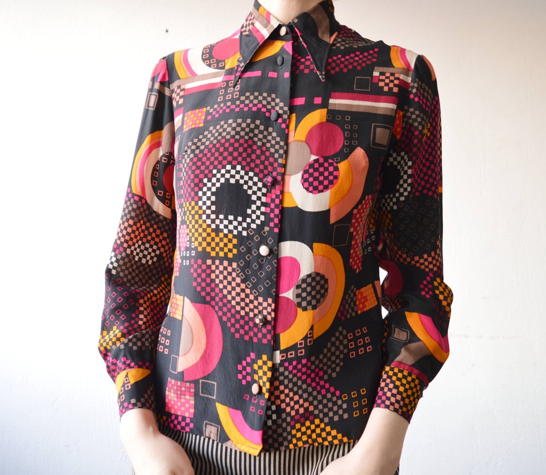60s 70s LOUIS FERAUD Psychedelic Op Art Print Pure Silk Blouse - Small to Medium - Etsy