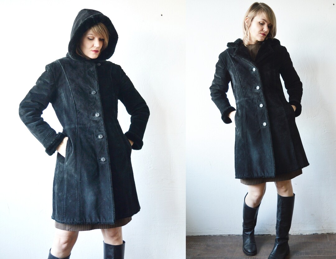 90s SAKI Black Suede and Faux Shearling Coat. Princess Coat With Hood ...