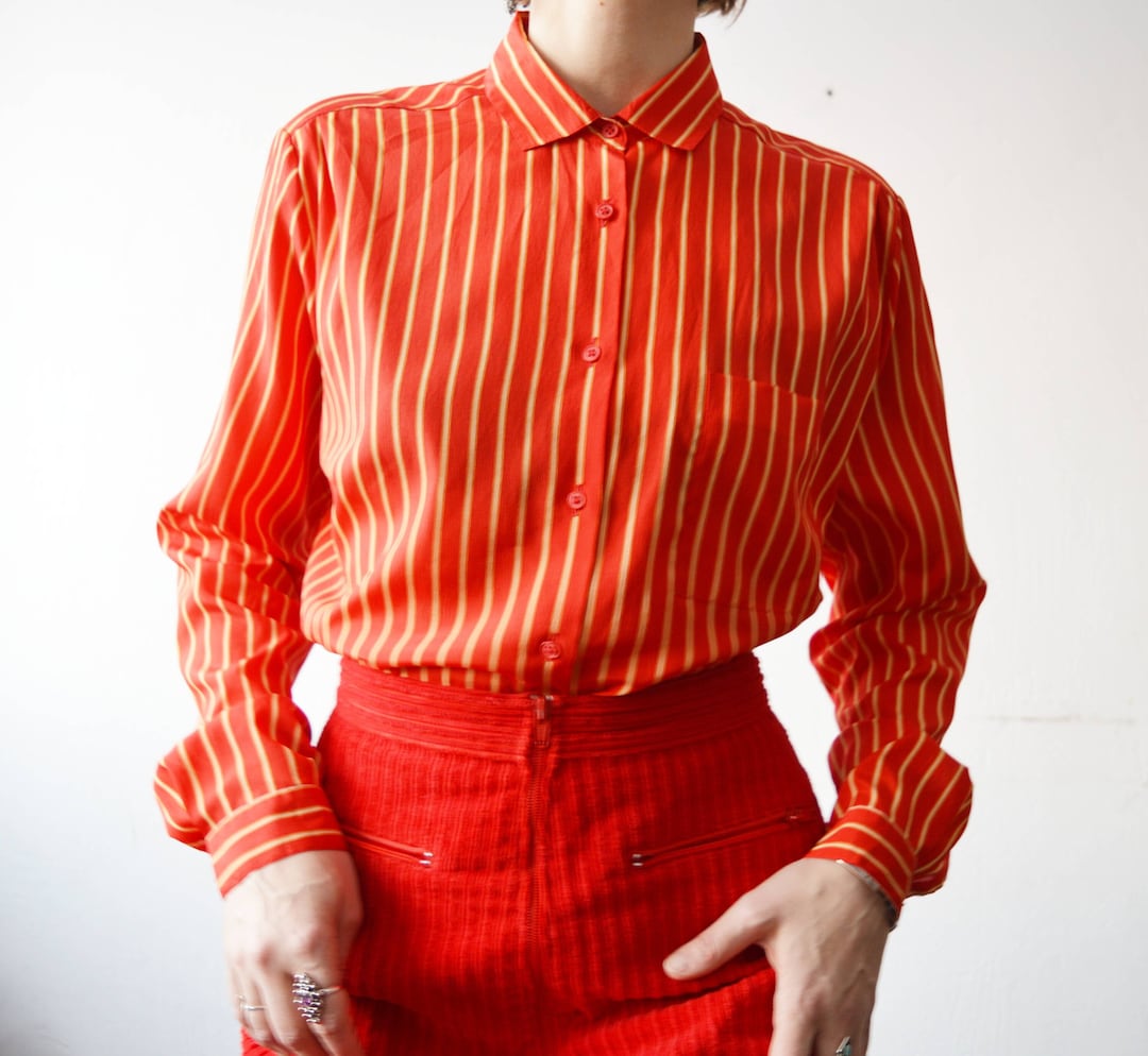 80s MONDI Bright Red Stripe Classic Oxford Style Blouse Shirt Plus Size ...