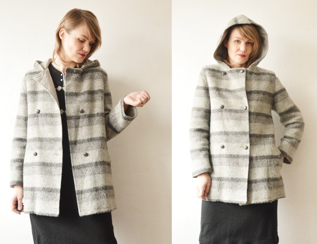 70s 80s Finnish Vintage Short Gray Stripe Wool Trapeze Coat With Hood ...