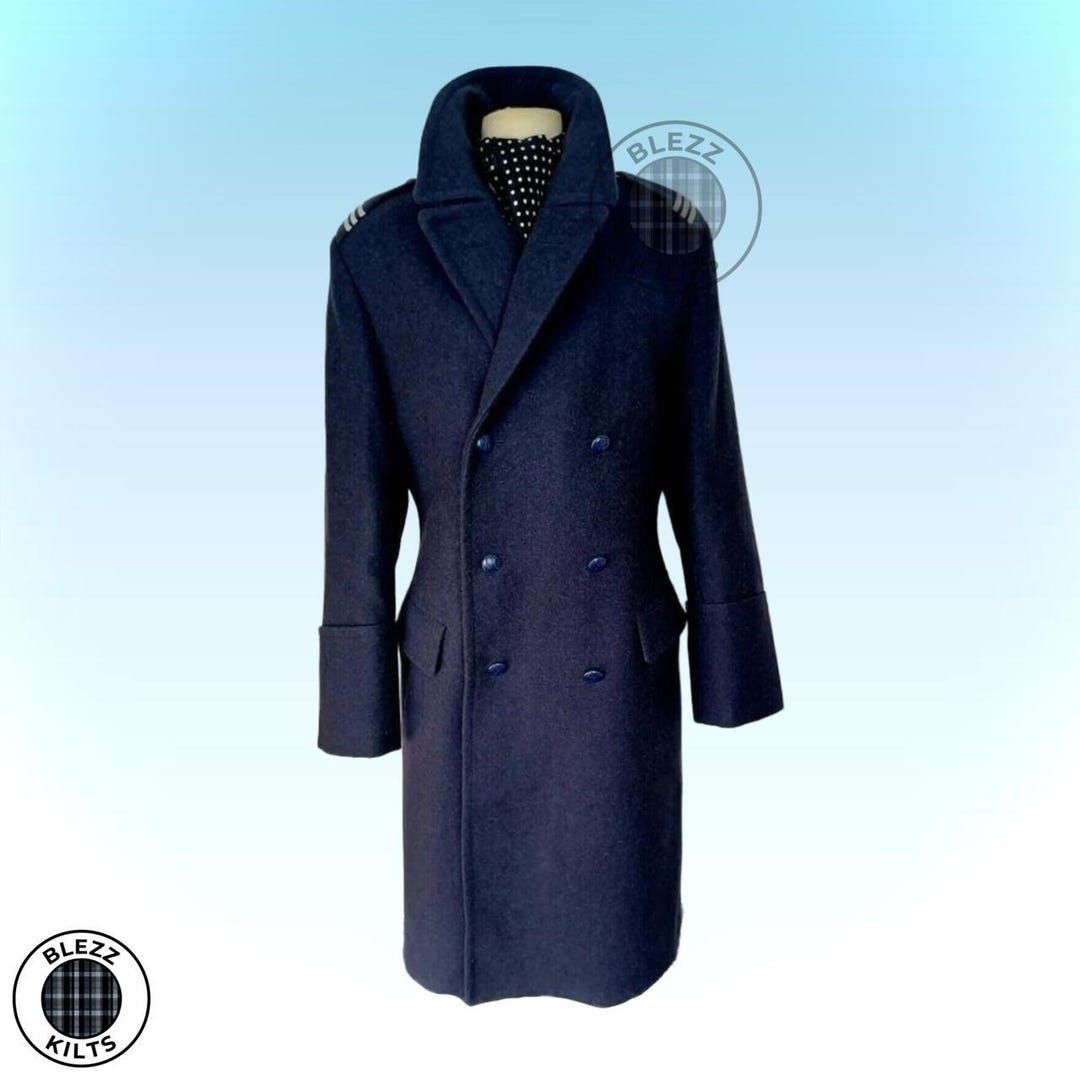 Men's Navy Blue Wool Overcoat: Handmade Double Breasted Military Style ...
