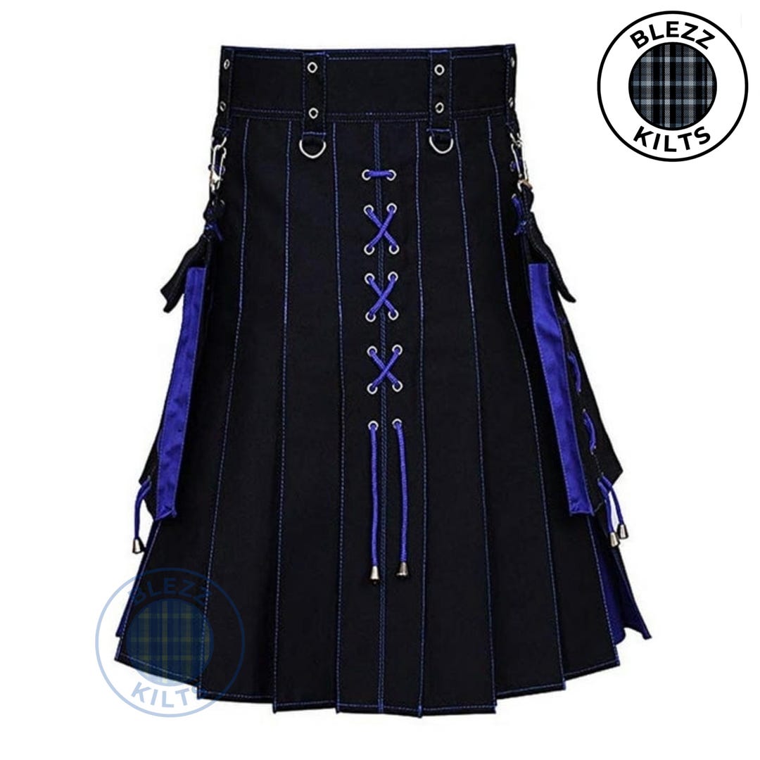 Hybrid Kilt in Black and Blue With Laces | Modern Two Tone Utility Kilt ...
