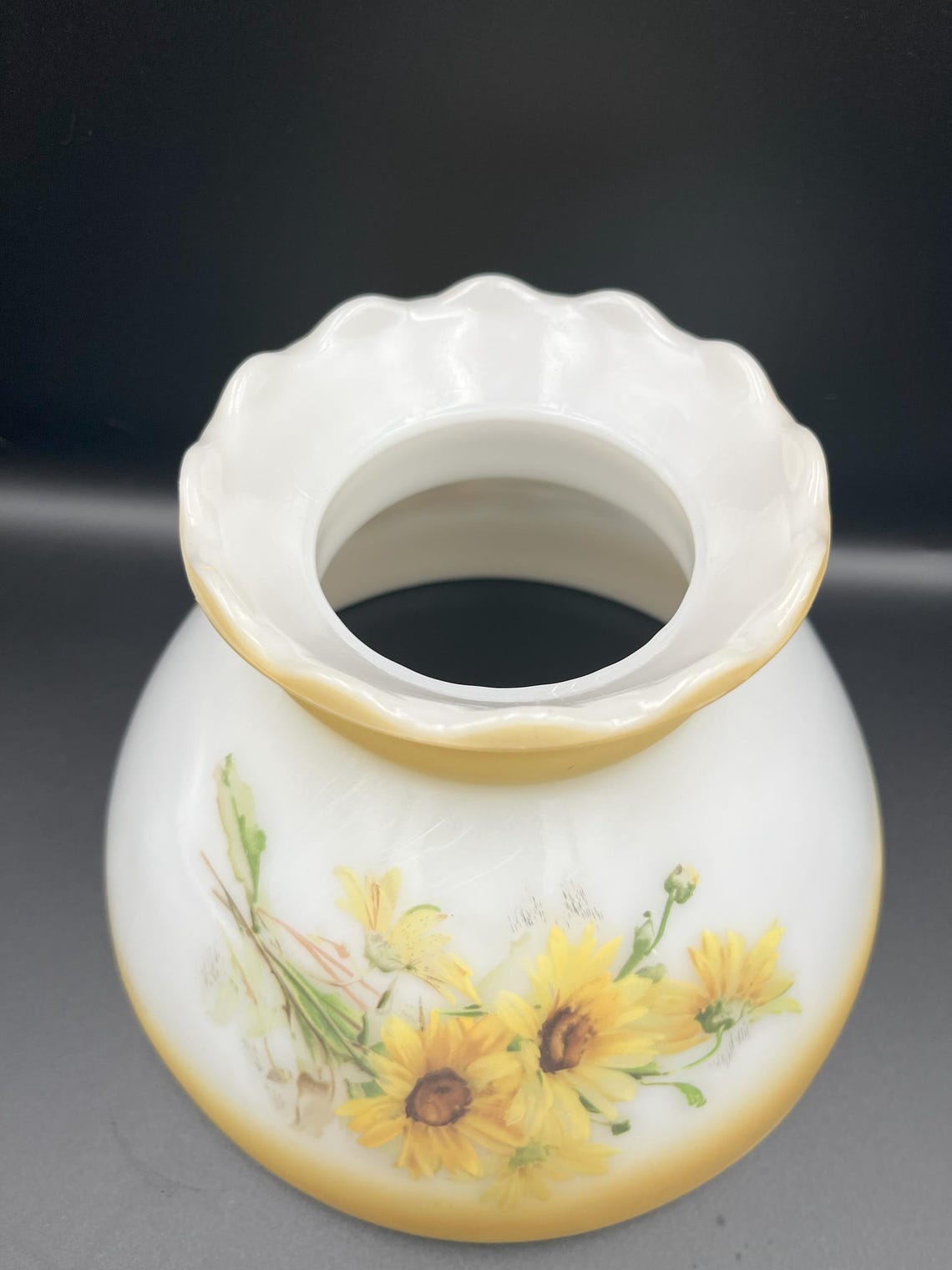 Vintage Milk Glass Hurricane Lamp Shade – Hand-painted Daisy, Scalloped ...