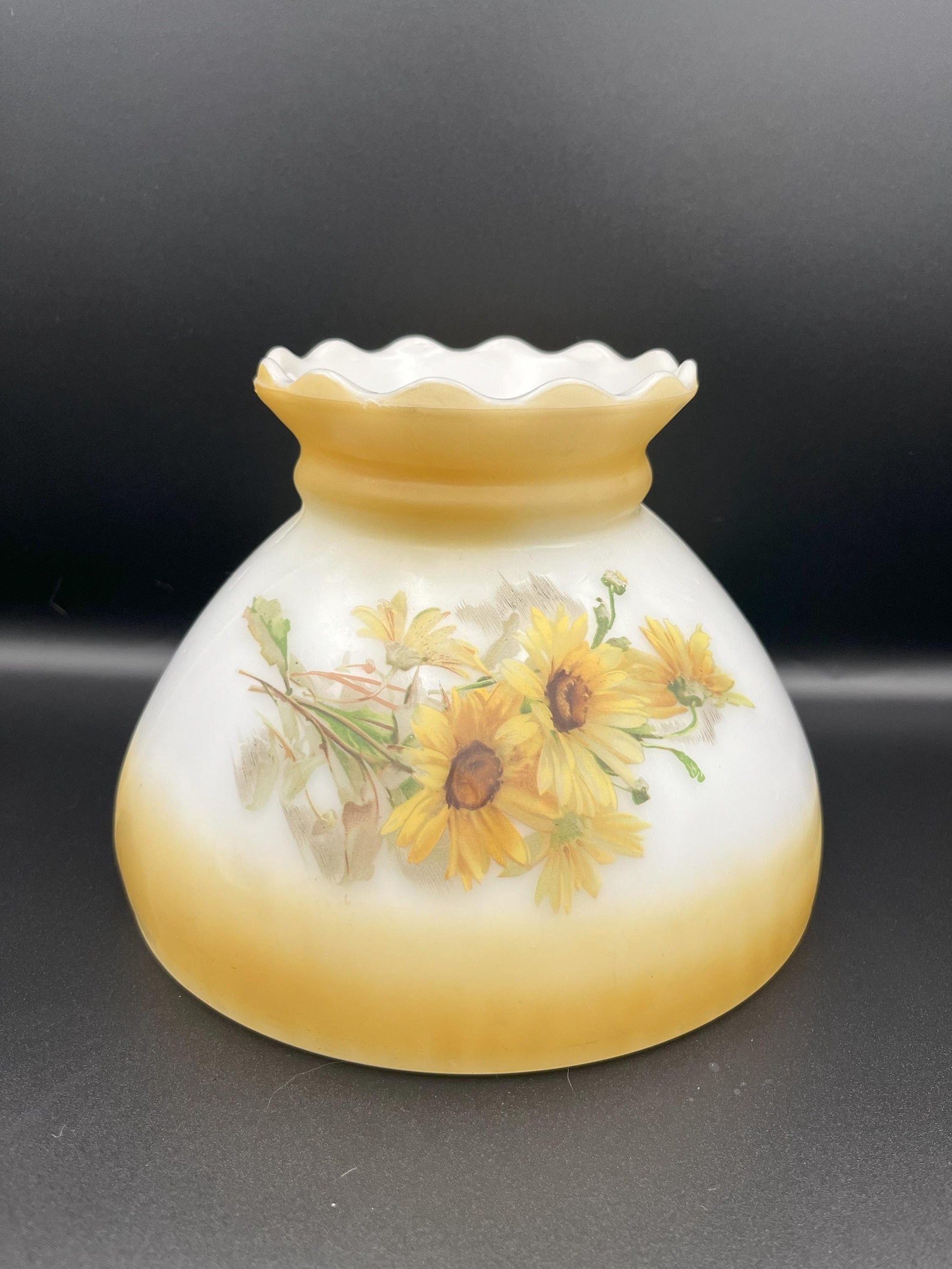Vintage Milk Glass Hurricane Lamp Shade – Hand-painted Daisy, Scalloped ...