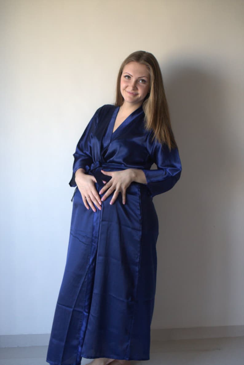 Navy Blue Plain Satin Silk Ankle Length Maternity Robe - Etsy