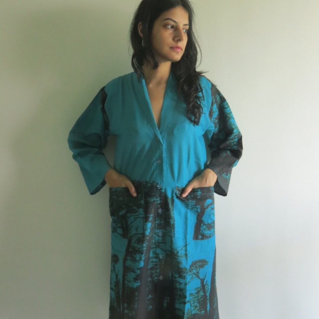 Teal Tree of Life Robetan Housecoat Front Buttoned Dressing Gown ...