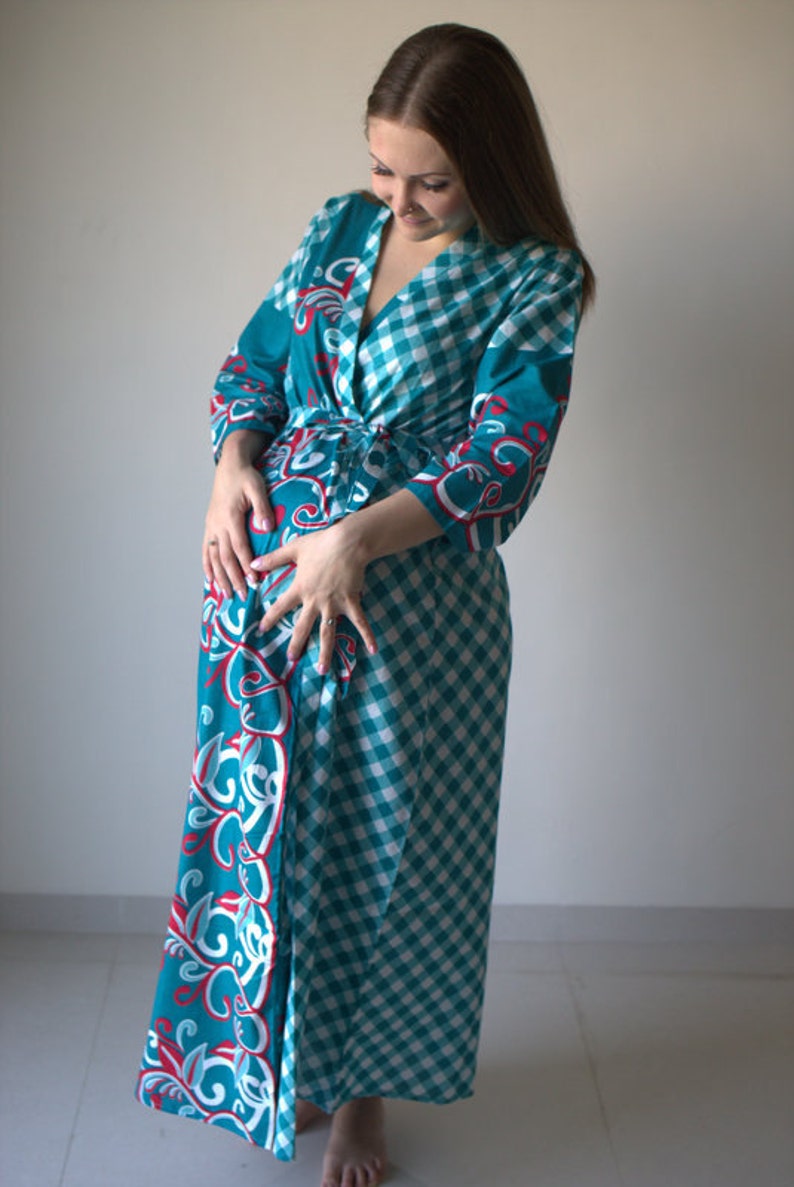 Teal Plaid Floral Ankle Length Maternity Robe Hospital Gown | Etsy