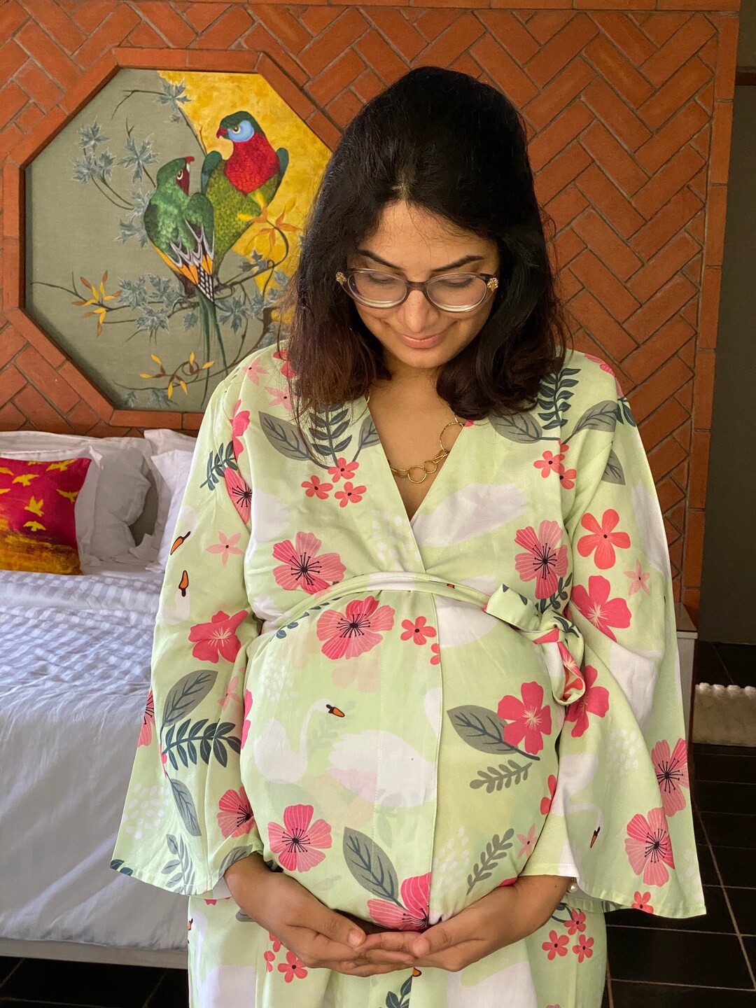 Swans and Flowers in Mint Maternity Robe | Softest Jersey Knit Organic ...