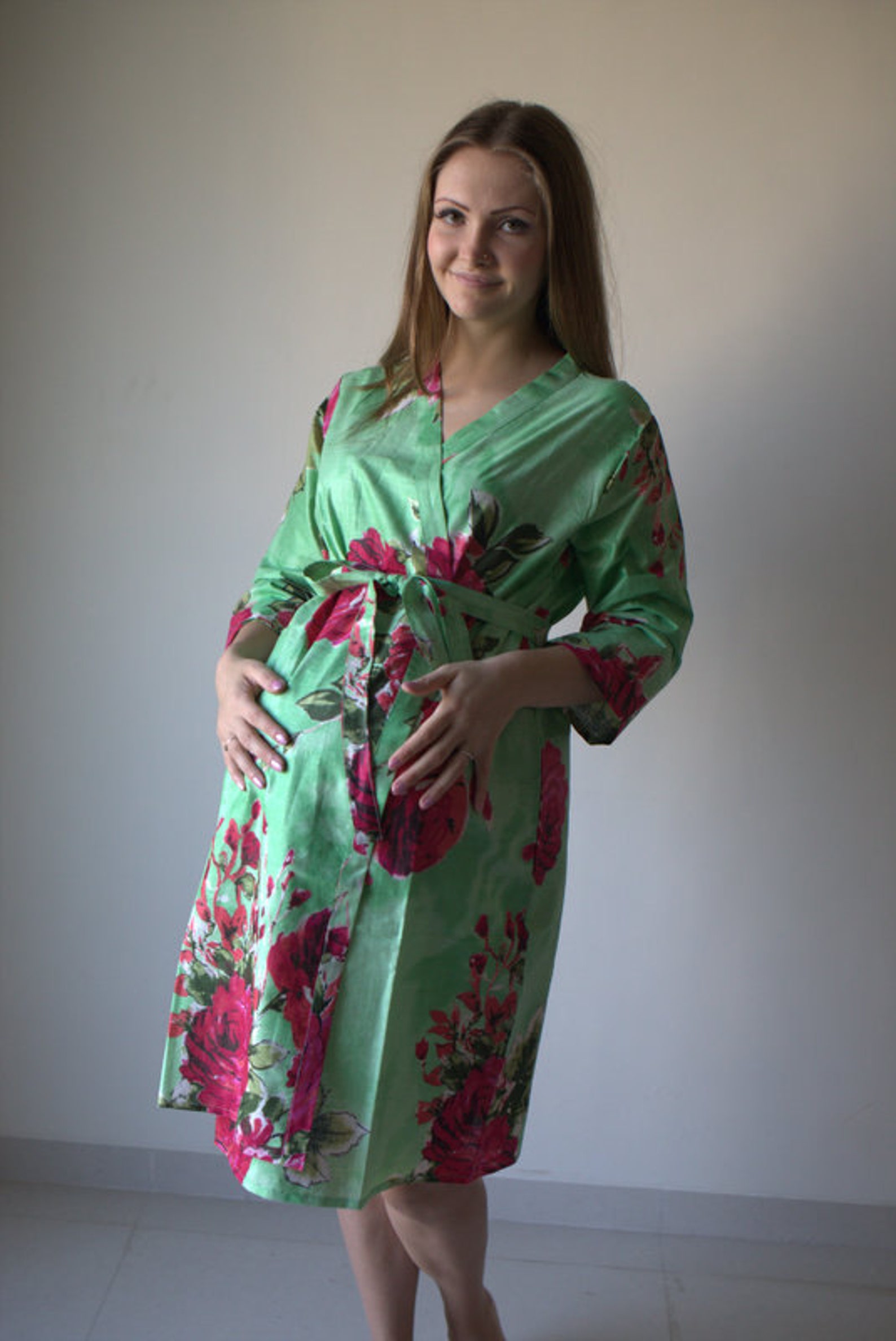 Mint Fuchsia Floral Maternity Robe Hospital Gown Delivery Robe Labor ...