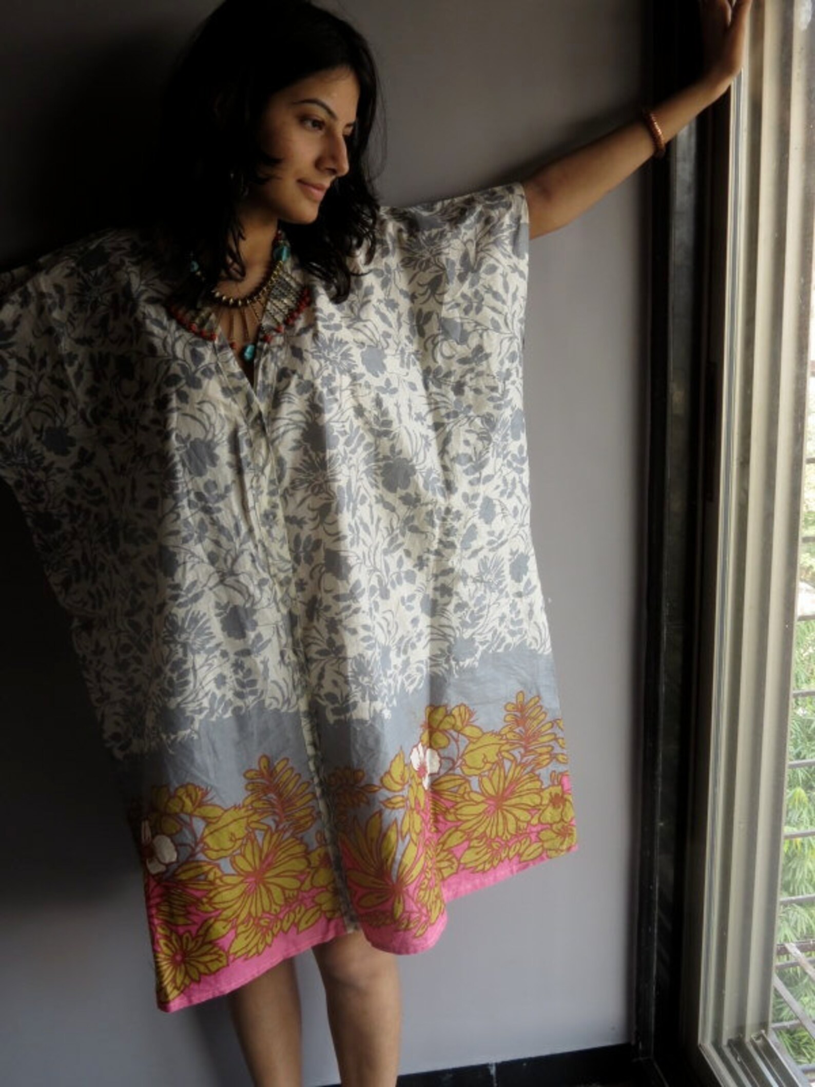 Gray Pink Floral Front Button Closure Kaftan Robe Perfect as Getting ...