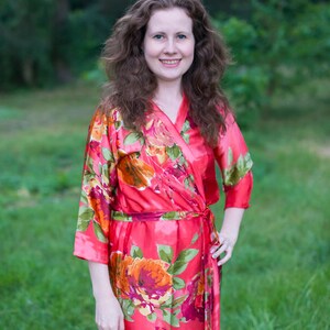 Coral Large Floral Blossom Silk Bridesmaids Robes | Kimono Style ...