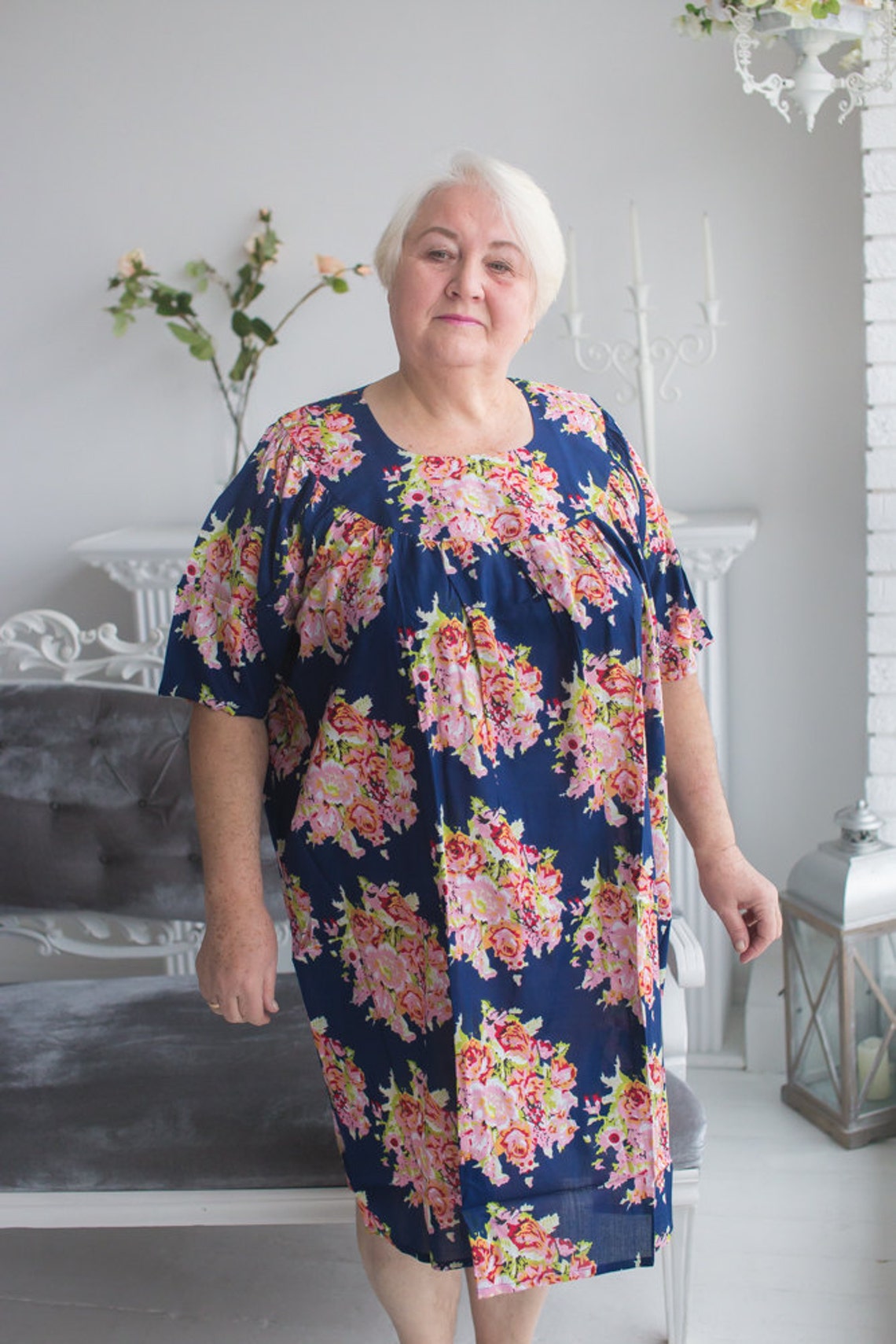 Navy Blue Snap Back Gathered Yoke Housecoat for Elderly People - Etsy