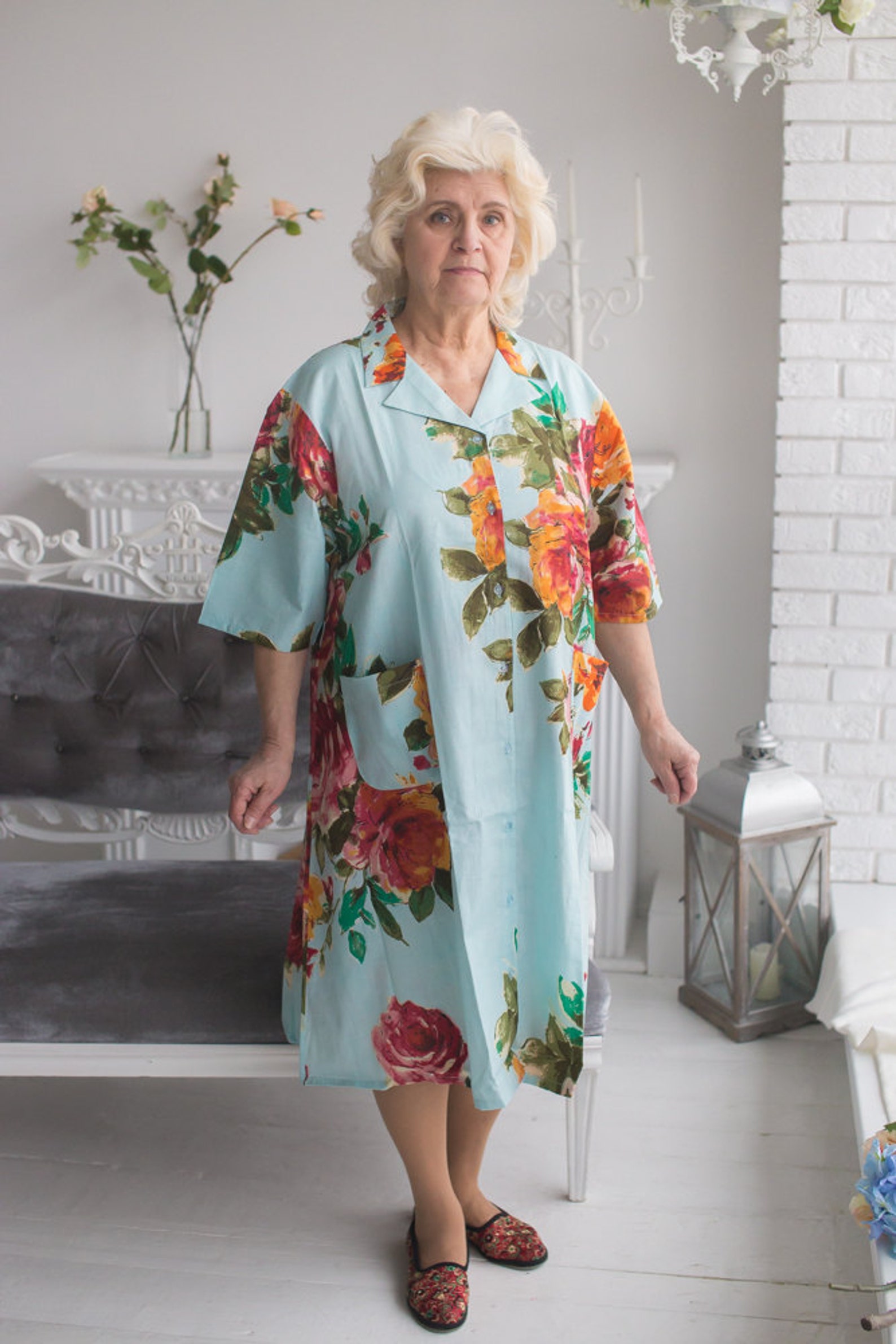 Light Blue Button-front Collared Housecoat for Elderly People | Etsy
