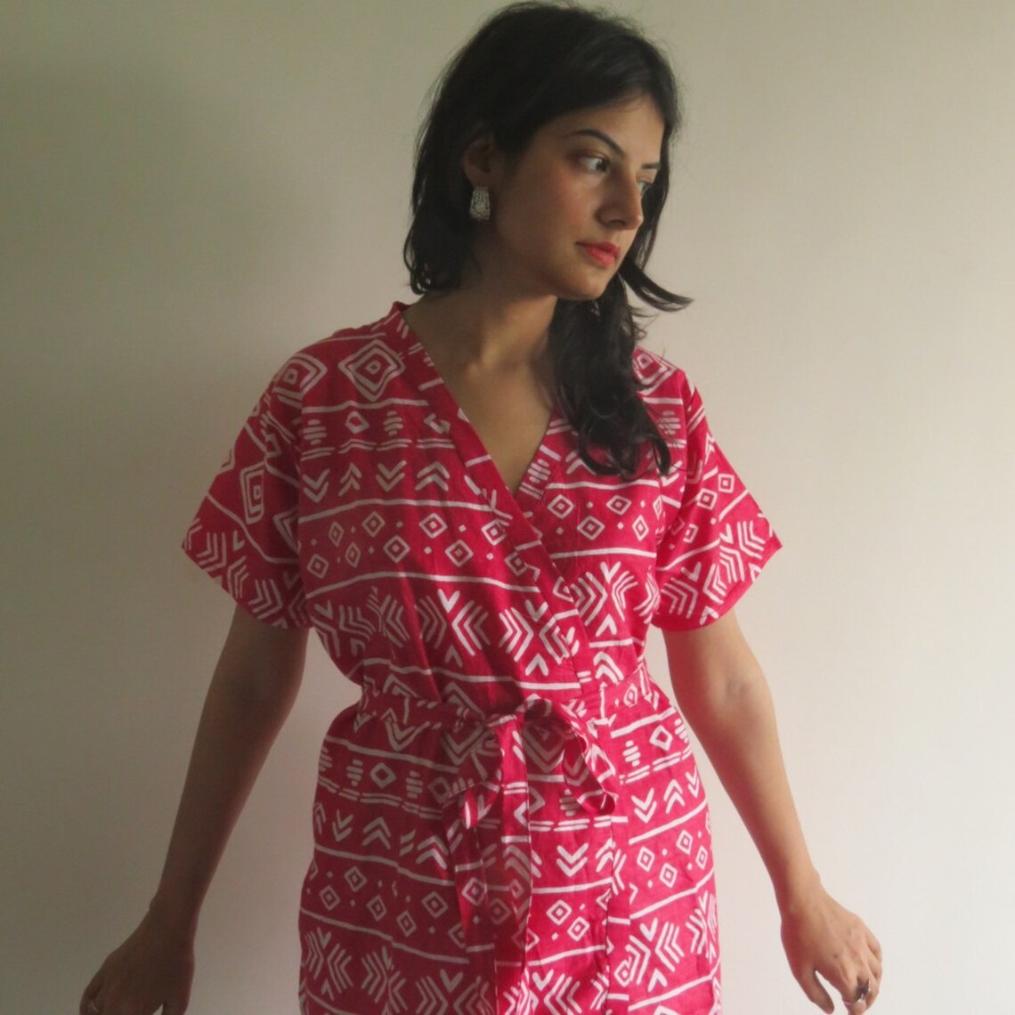 Short Sleeved Kimono Robe Red Aztec Tribal Crossover Knee | Etsy