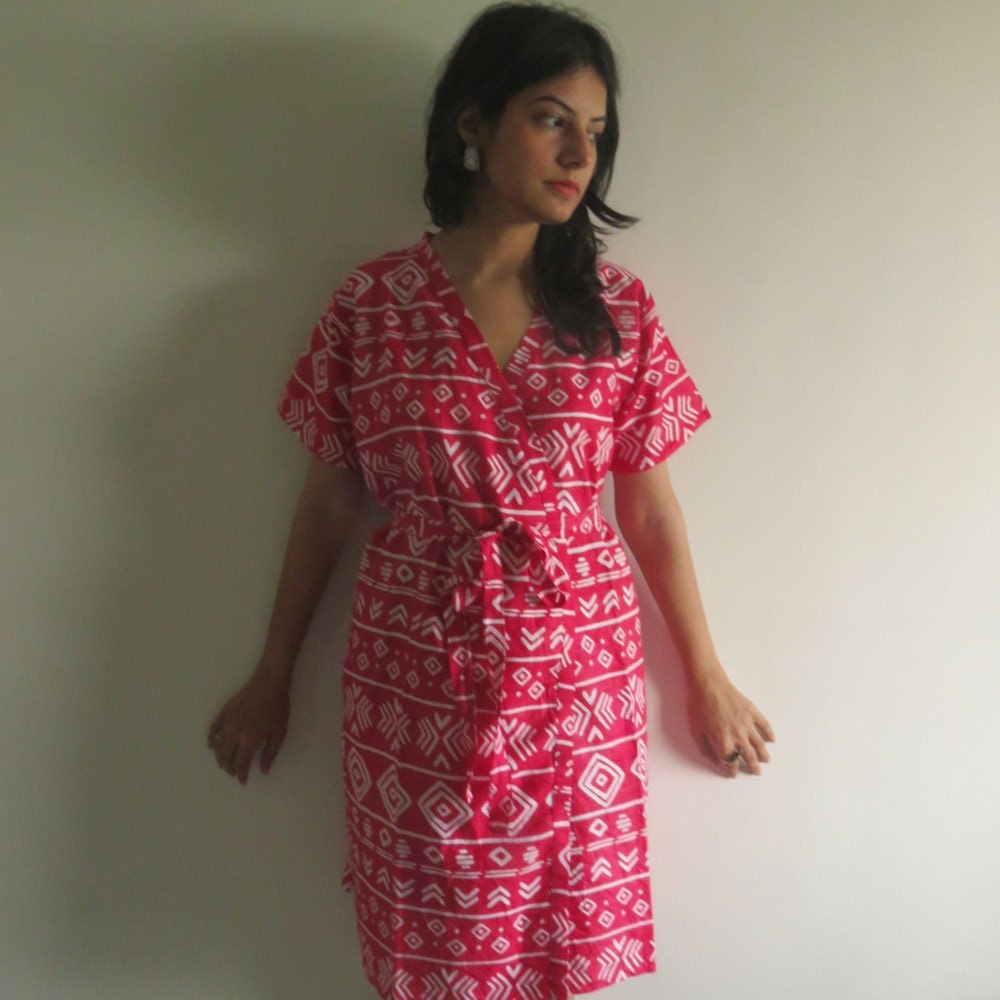 Short Sleeved Kimono Robe Red Aztec Tribal Crossover Knee | Etsy