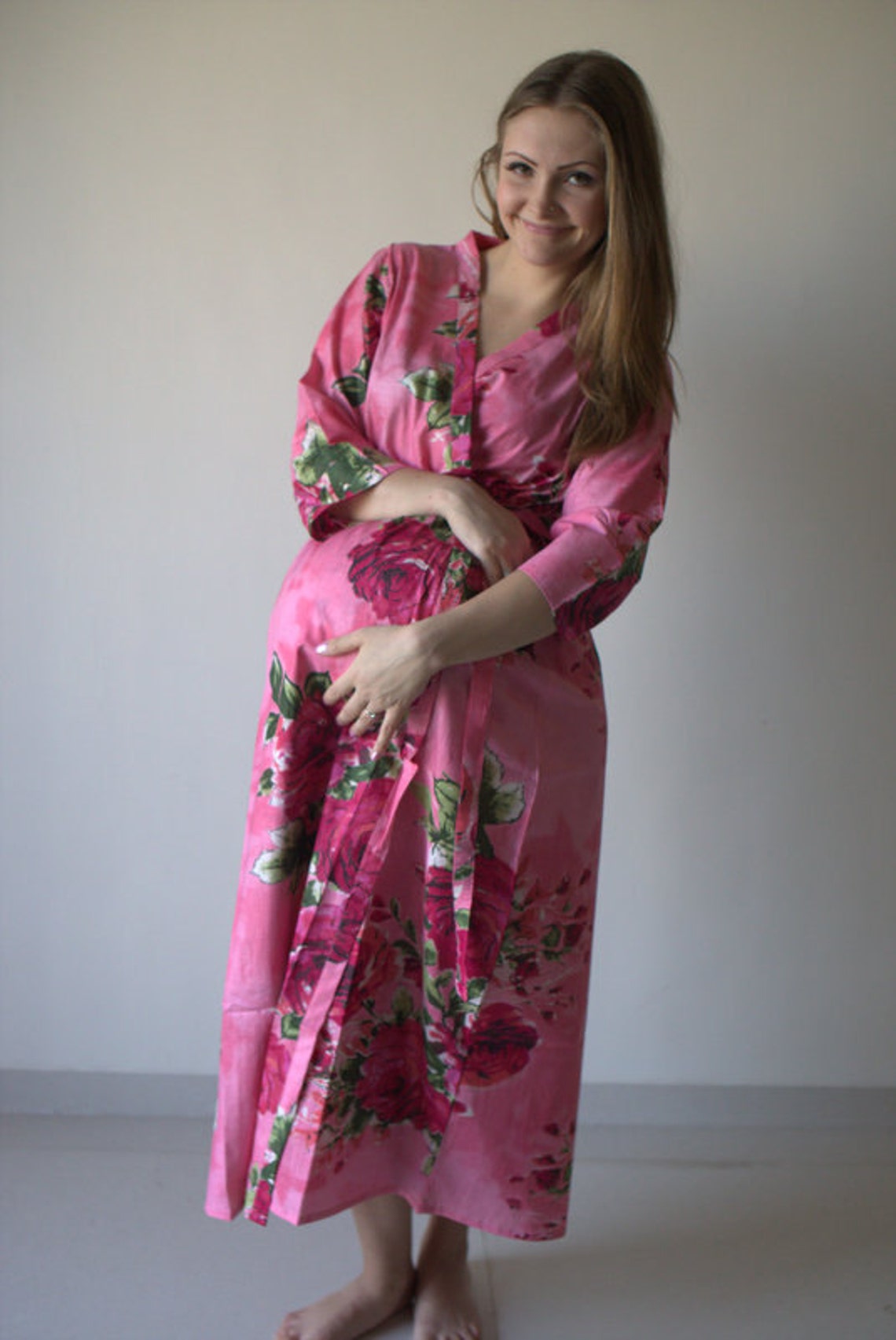 Coral Fuchsia Floral Ankle Length Maternity Robe Hospital Gown Labor ...