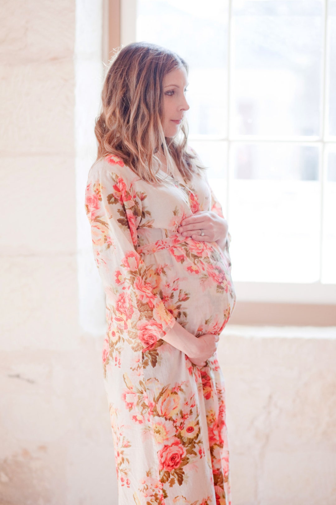 White Rosy Red Posy Floral Ankle Length Maternity Robe | Hospital Gown ...