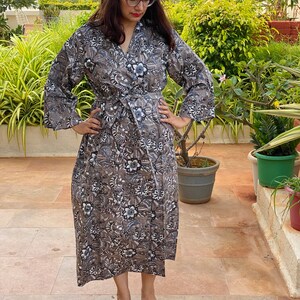Earthy Gray Floral Motif Hand-blocked Printed Robe 100% Cotton Voile ...