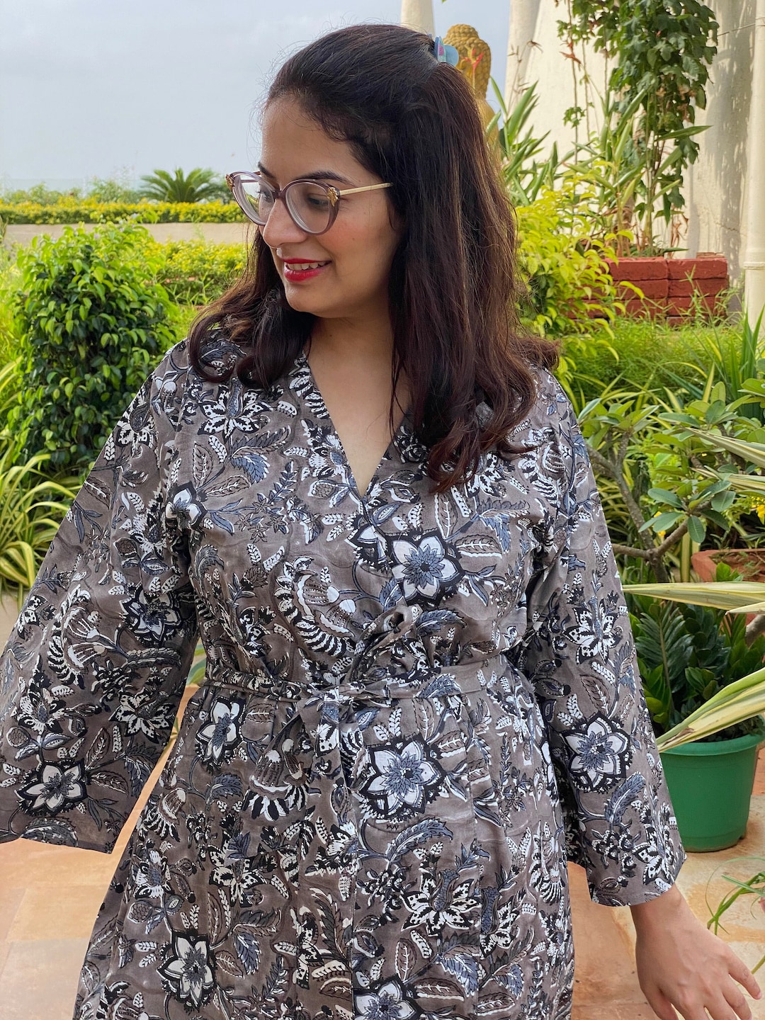 Earthy Gray Floral Motif Hand-blocked Printed Robe 100% Cotton Voile ...
