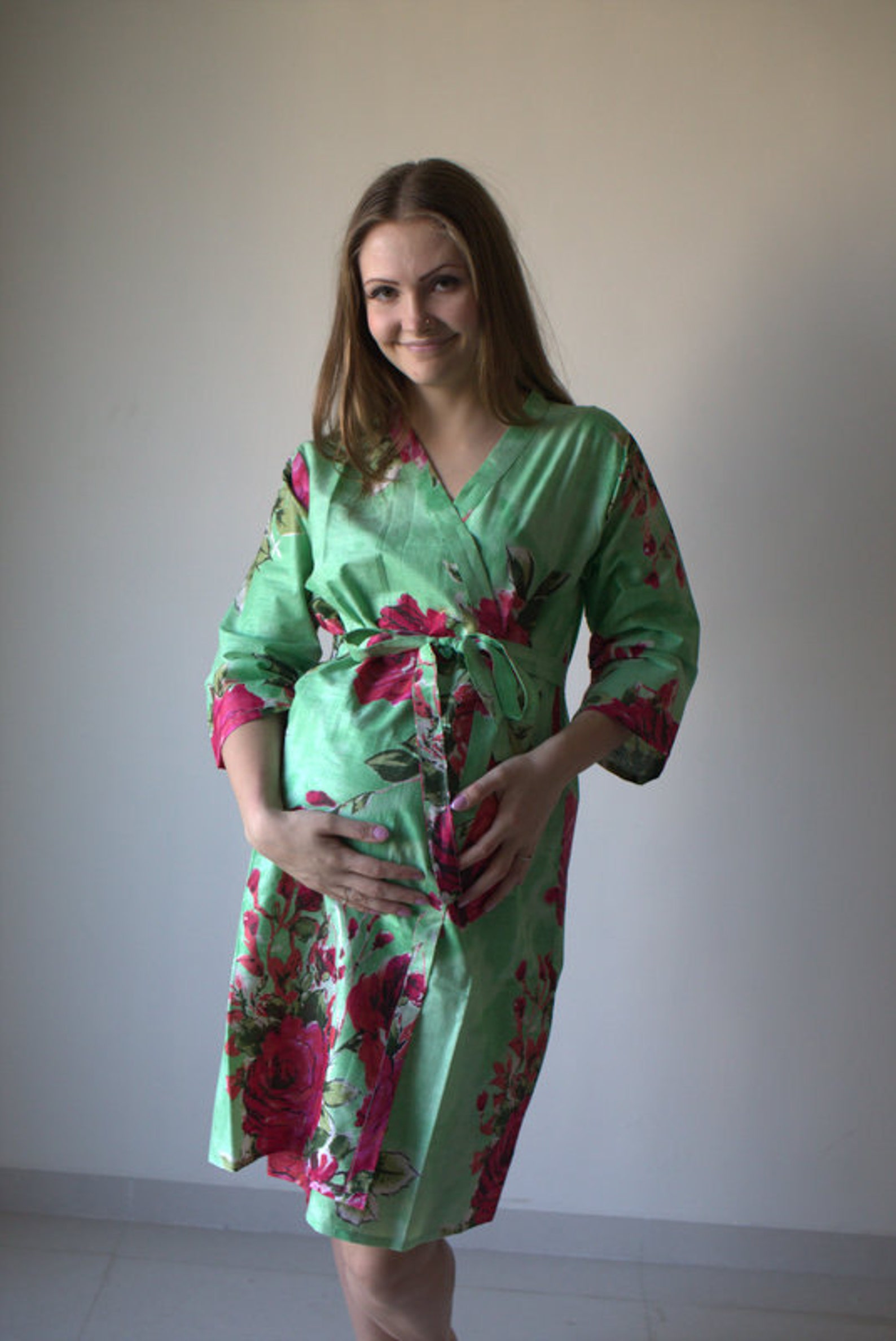 Mint Fuchsia Floral Maternity Robe Hospital Gown Delivery Robe Labor ...