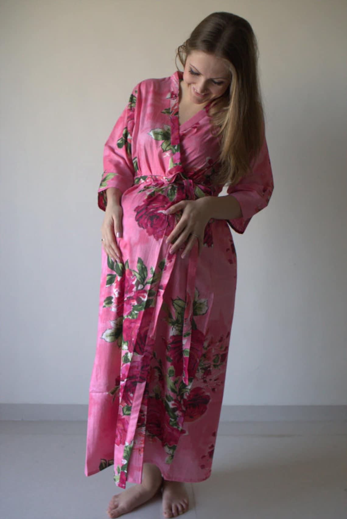 Coral Fuchsia Floral Ankle Length Maternity Robe Hospital Gown Labor ...