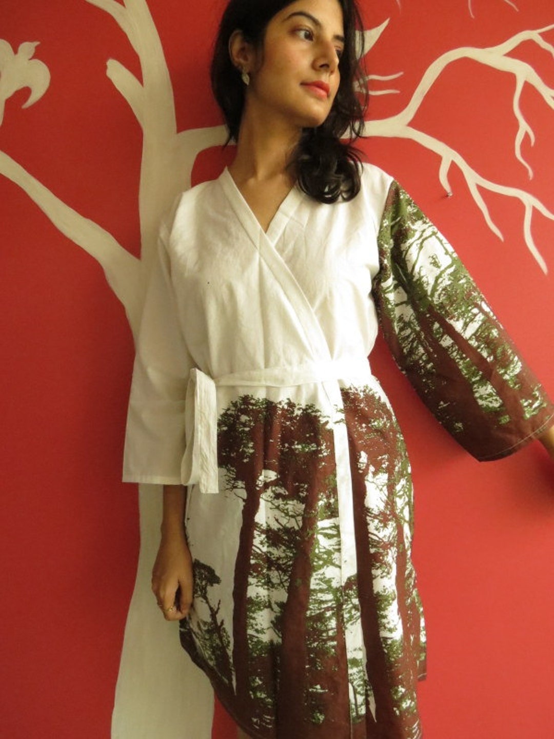 The Tree of Life White Crossover Knee Length Robe..getting Ready Robe ...