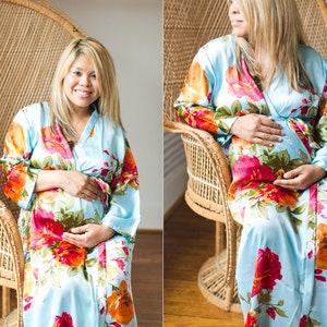 Light Blue Silk Large Floral Ankle Length Maternity Robe | Hospital ...