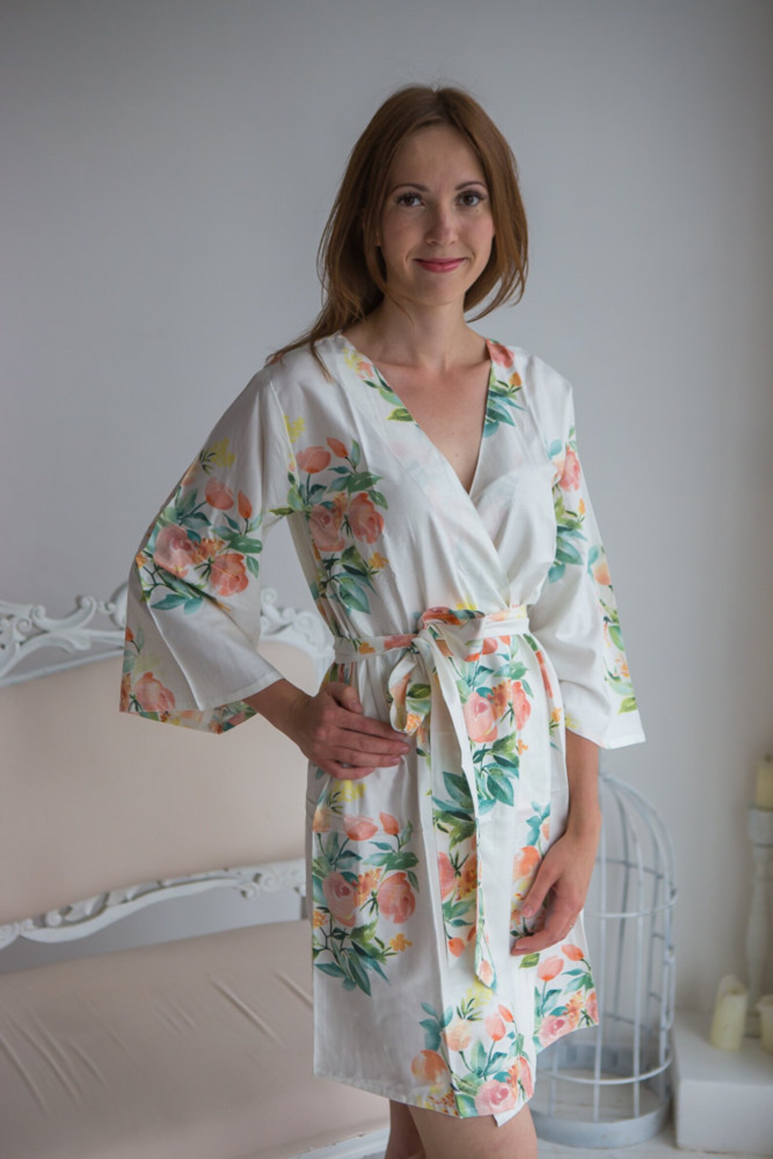 Premium White Angel Song Patterned Robe Kimono Style Getting | Etsy