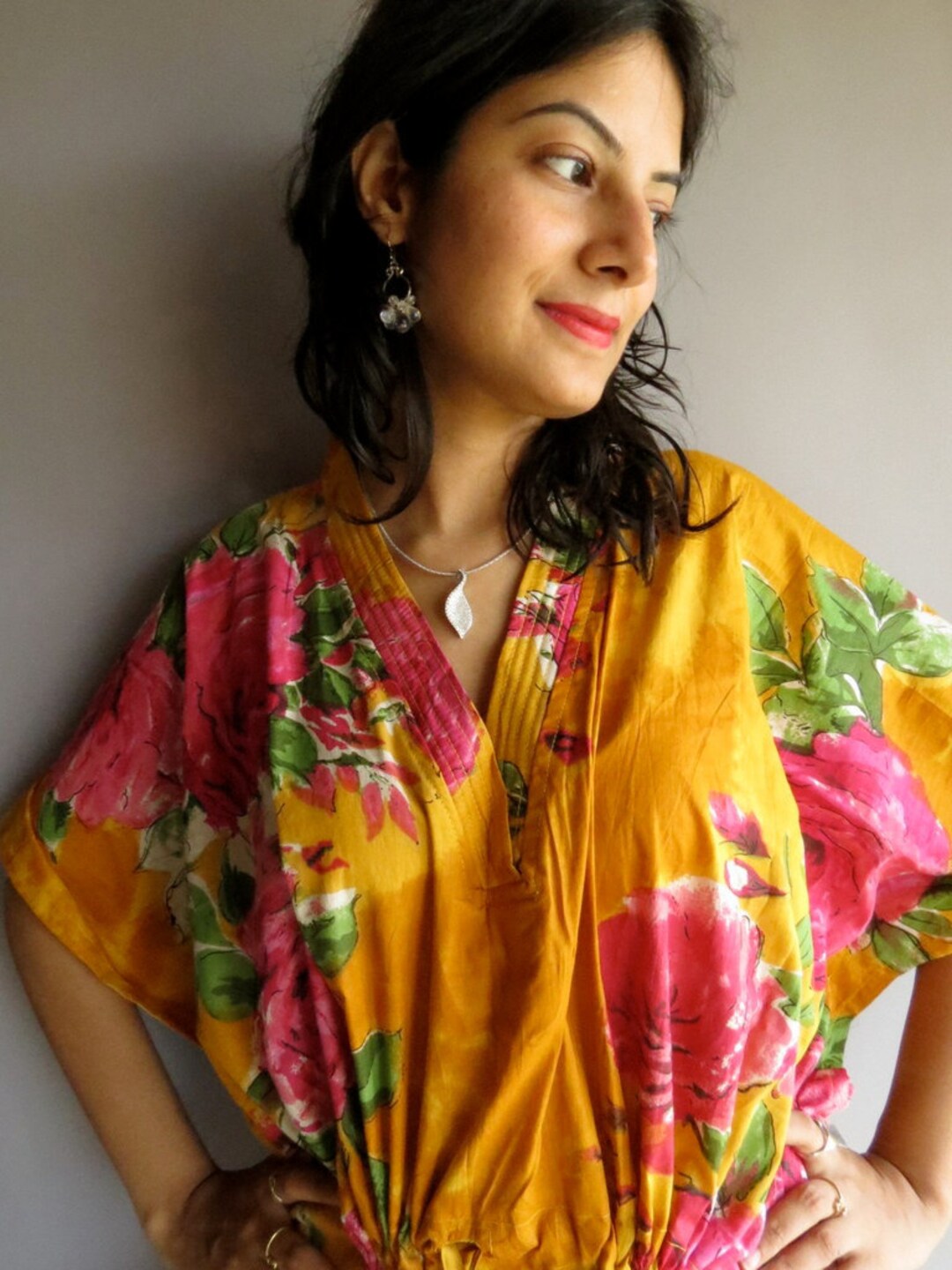 Yellow Fuchsia Flowers Kaftan Robe Perfect Long Dress, Beachwear, Spa ...