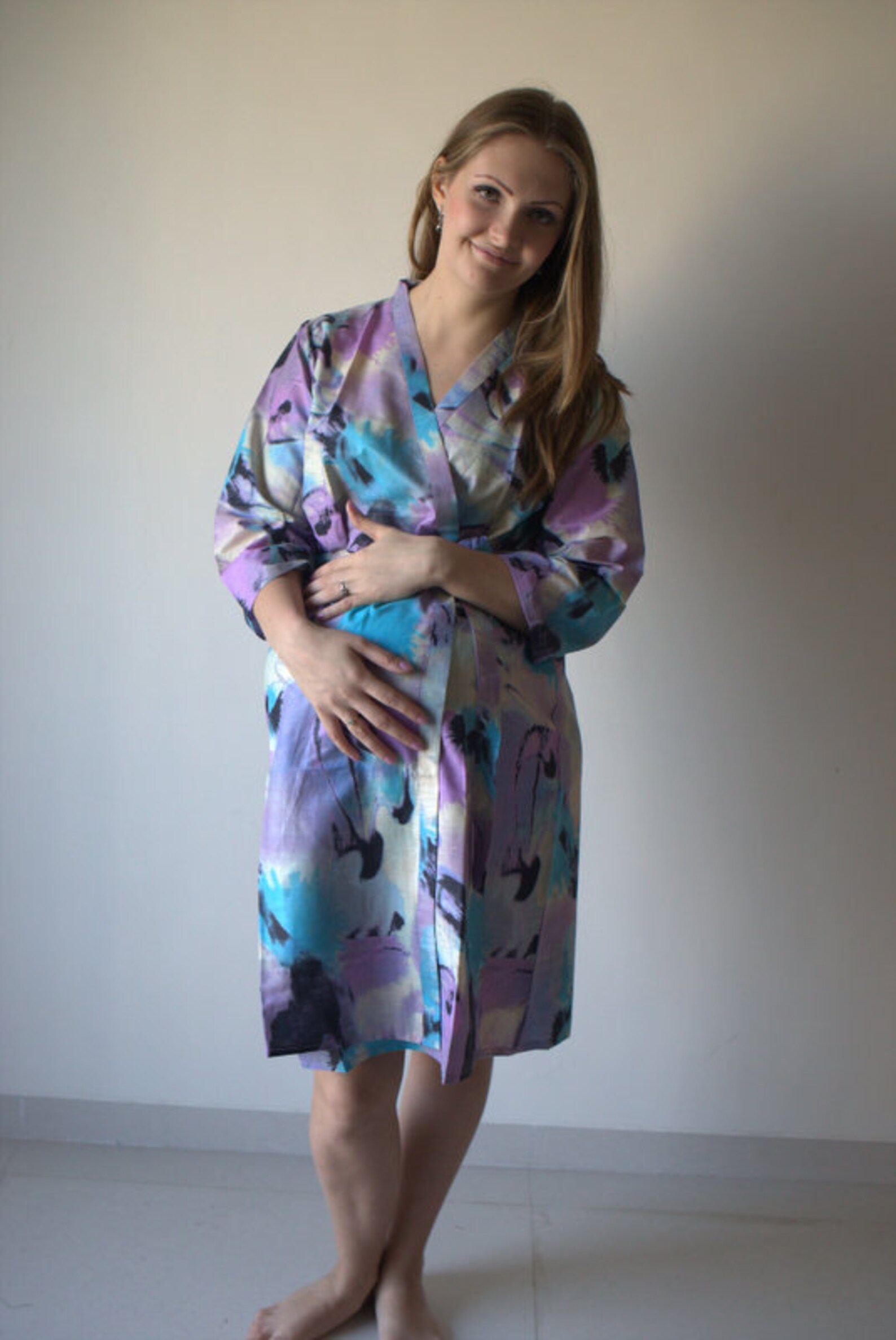 Lilac Blue Watercolor Flamingo Maternity Robe Hospital Gown Delivery ...