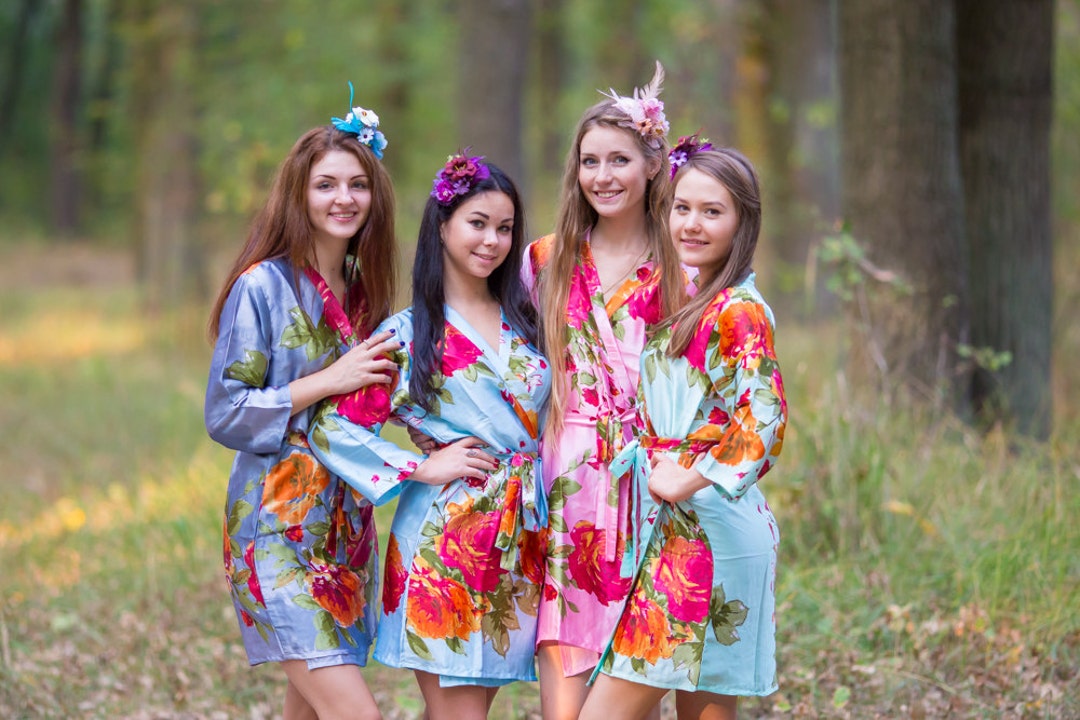 Large Floral Blossom Silk Bridesmaids Robes | Kimono Style Getting ...