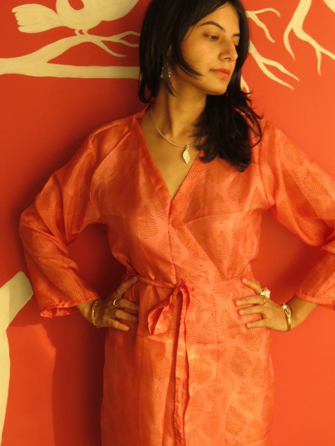 Silk Hand-block Printed Coral Leafy Kimono Crossover Robe..getting ...