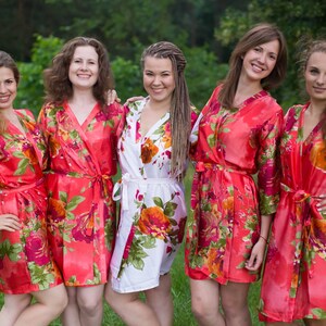 Coral Large Floral Blossom Silk Bridesmaids Robes | Kimono Style ...