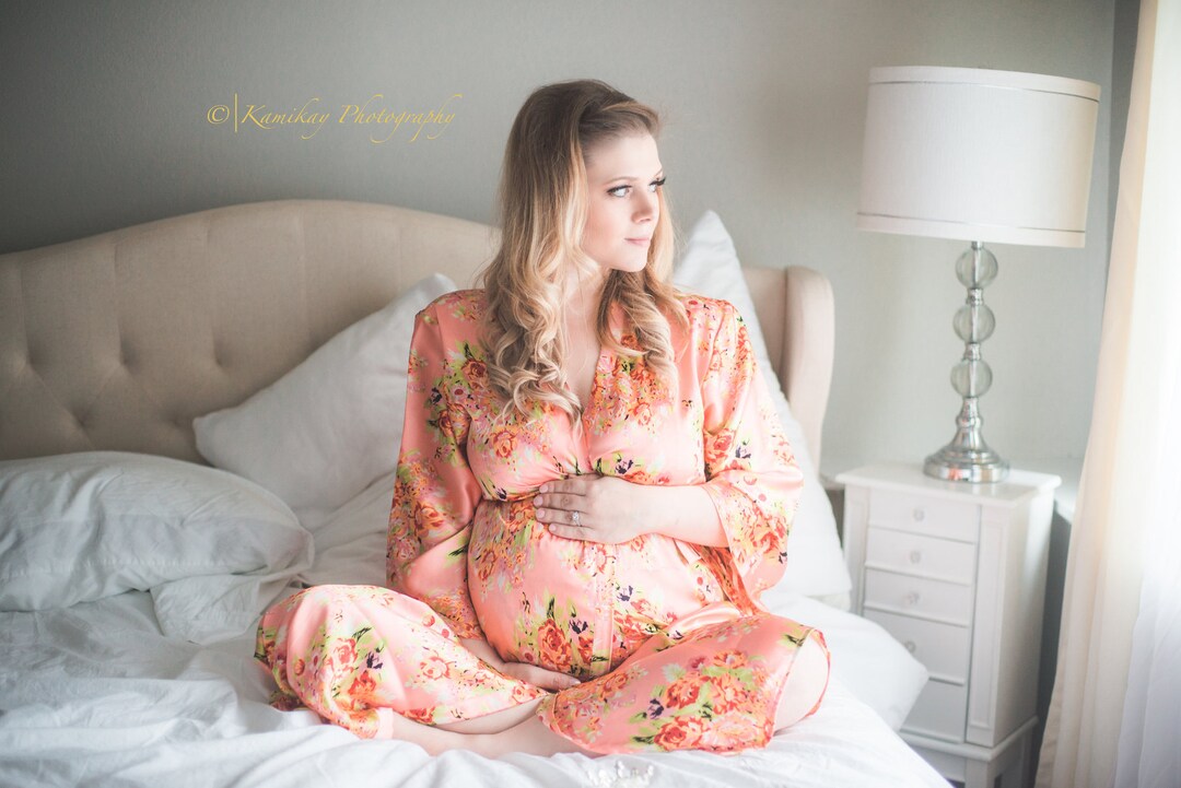 Coral Silk Floral Posy Ankle Length Maternity Robe | Hospital Gown ...
