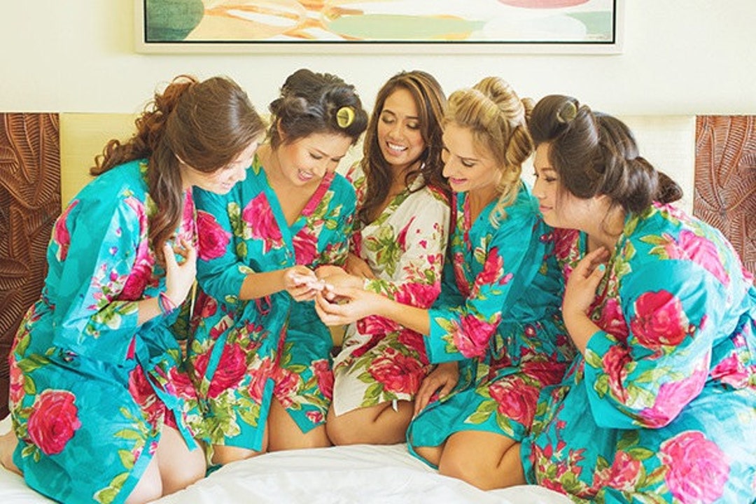 FLASH SALE - Teal Fuchsia Floral Bridesmaids Robes | Kimono Robes ...