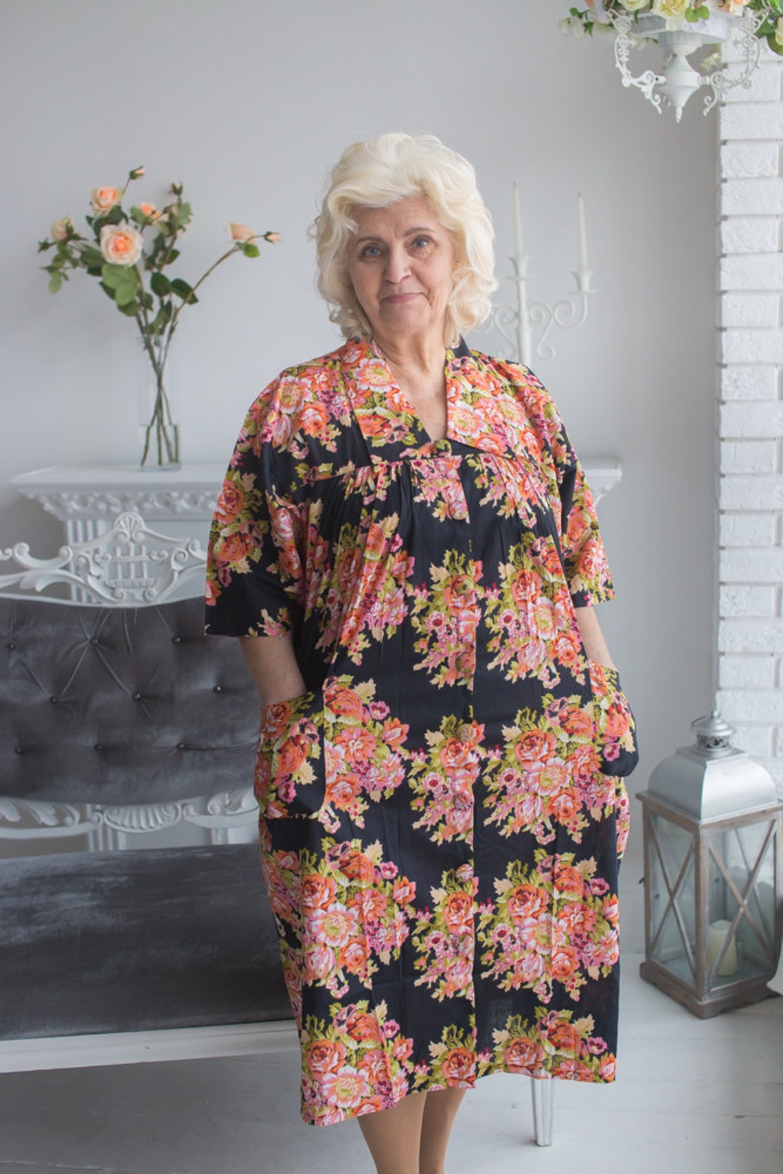 Black Button-front Collared Housecoat for Elderly People | Etsy