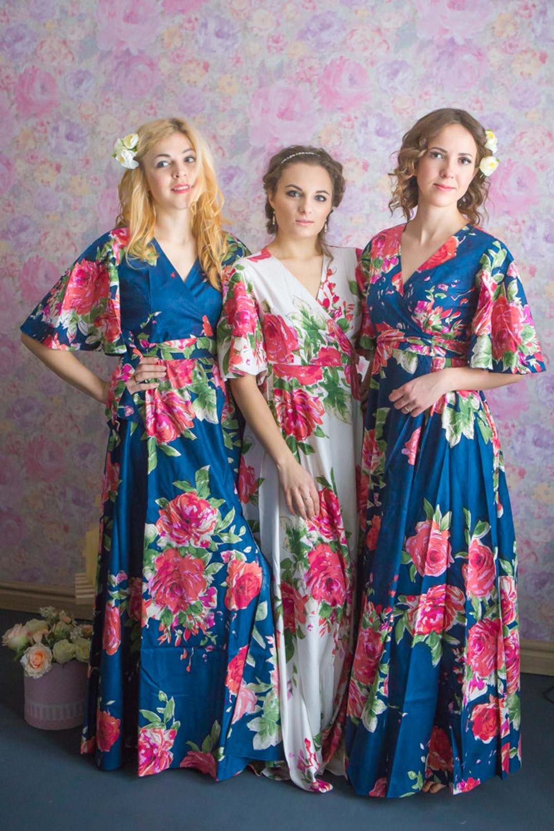 Navy Blue Dress Robes in Fuchsia Large Floral Blossom Pattern in ...