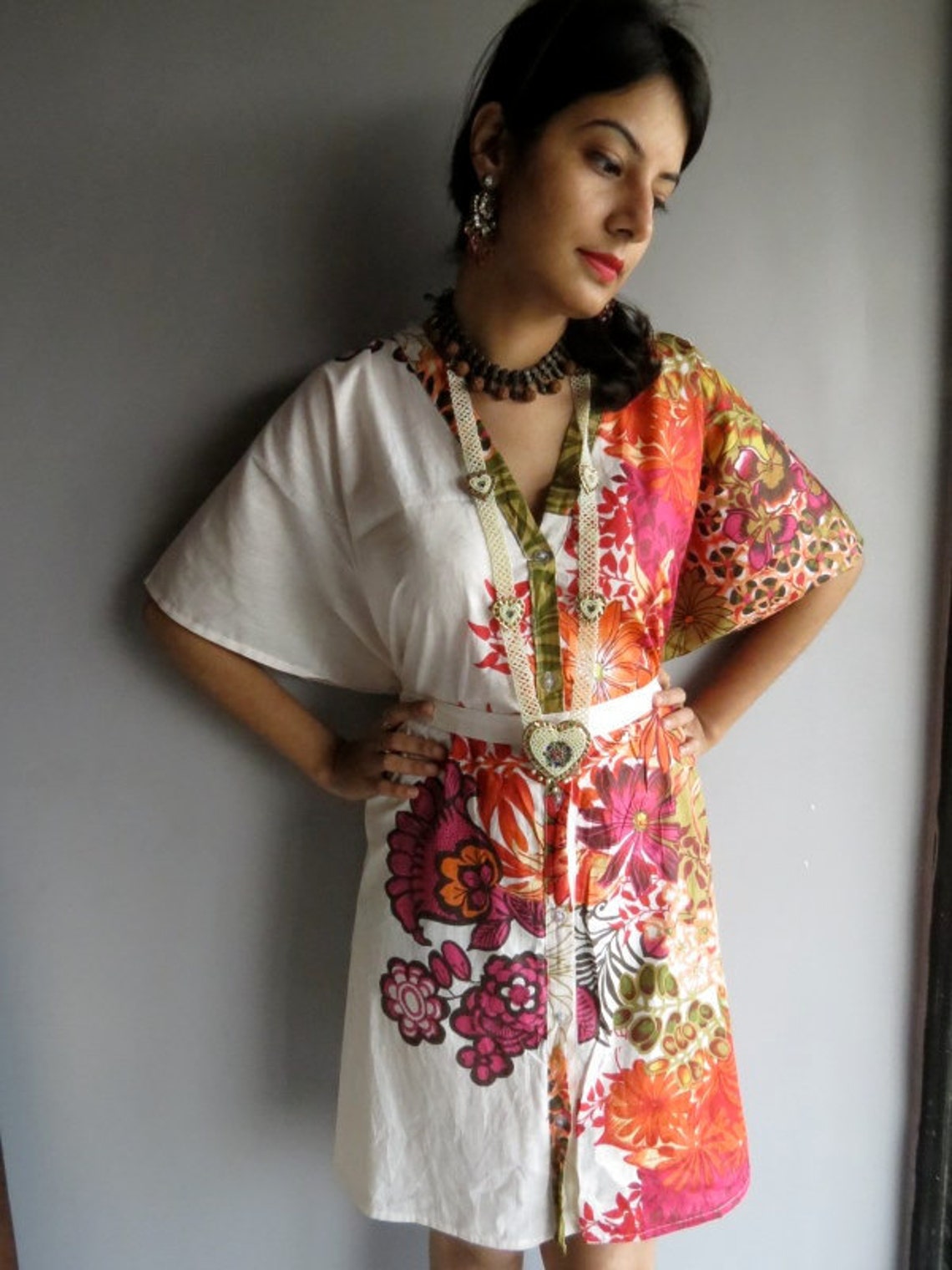 White Multicolor Front Button Closure Kaftan Robe Perfect as - Etsy