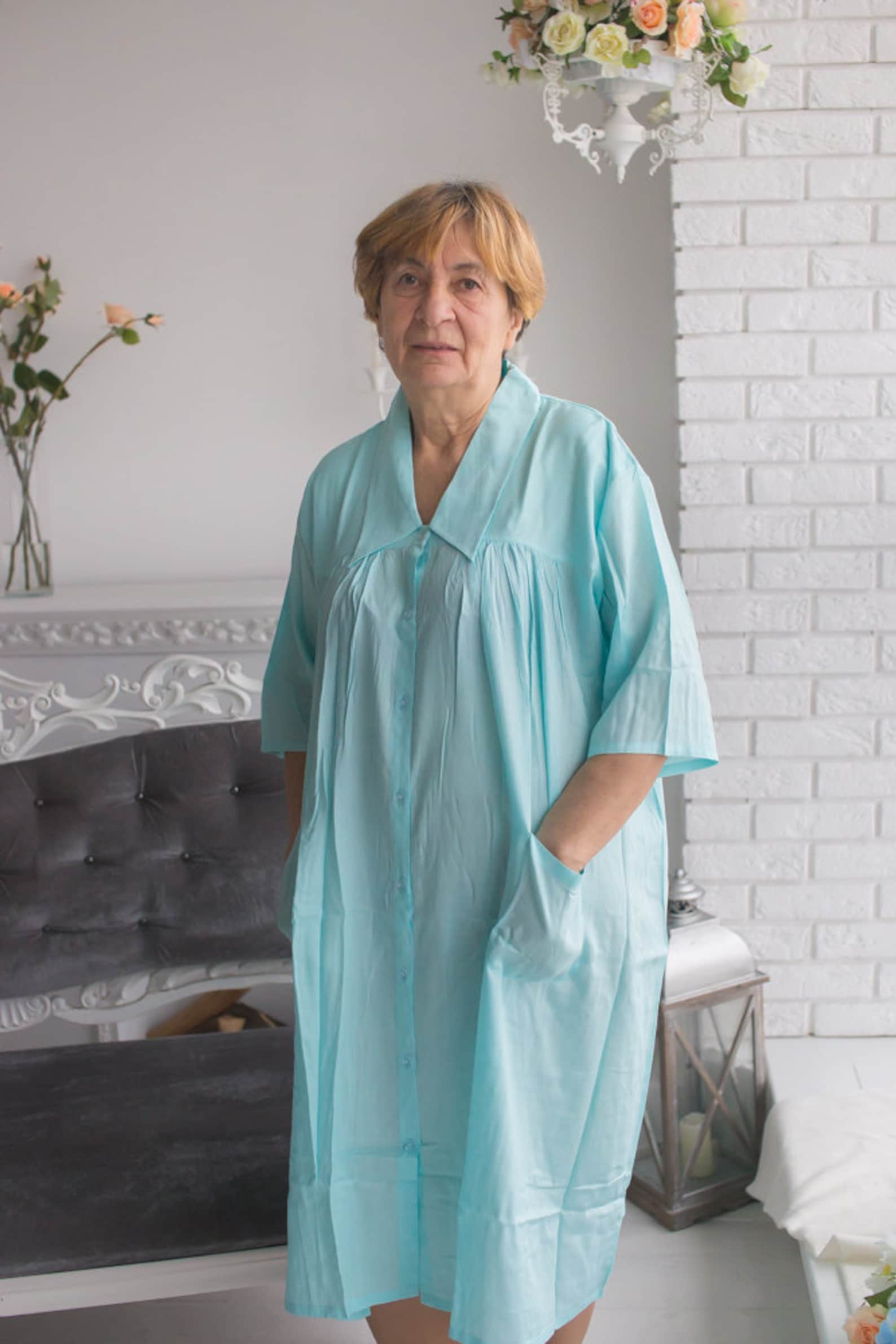 Solid Button-front Collared Housecoat for Elderly People - Etsy
