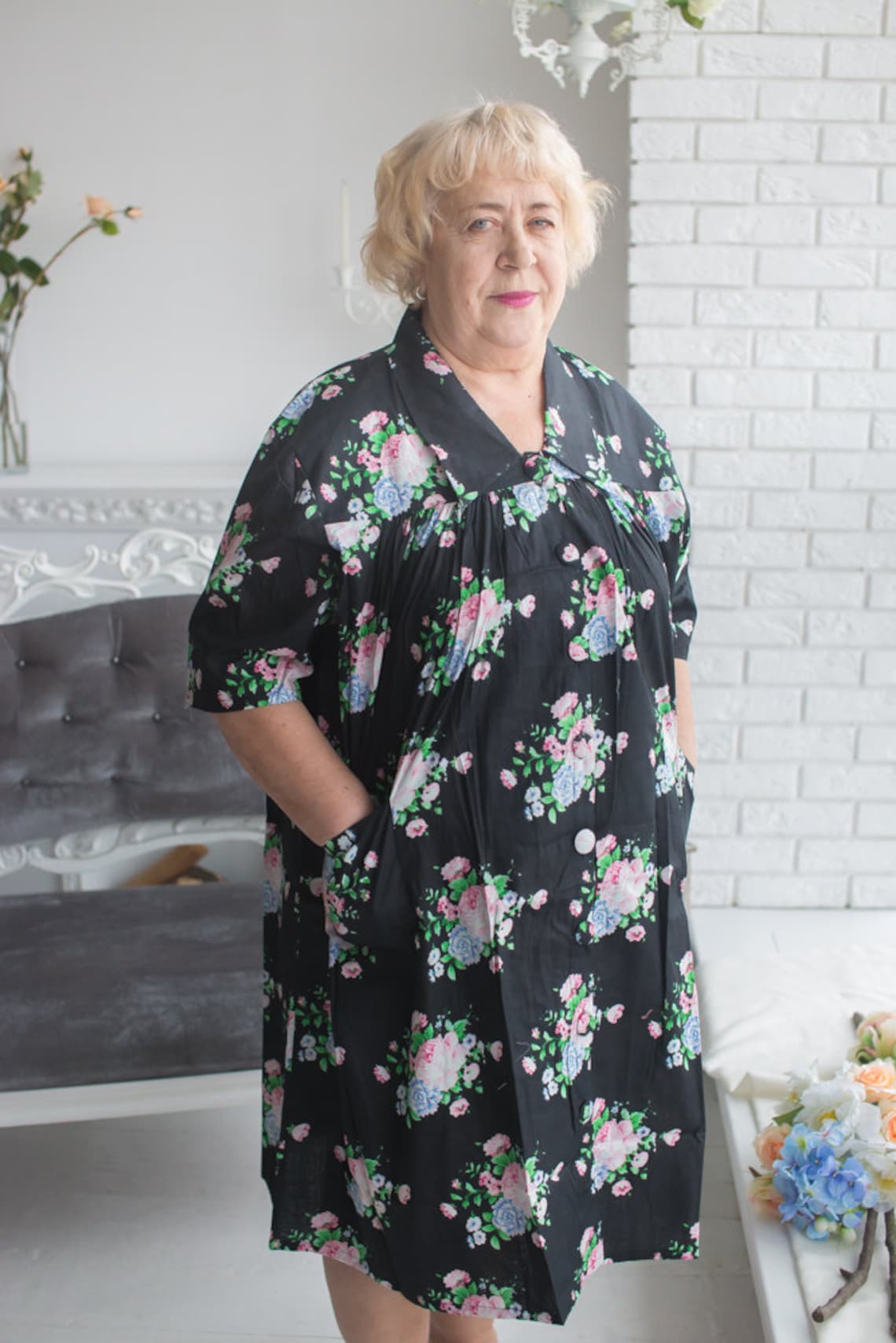 Black Button-front Collared Housecoat for Elderly People | Etsy