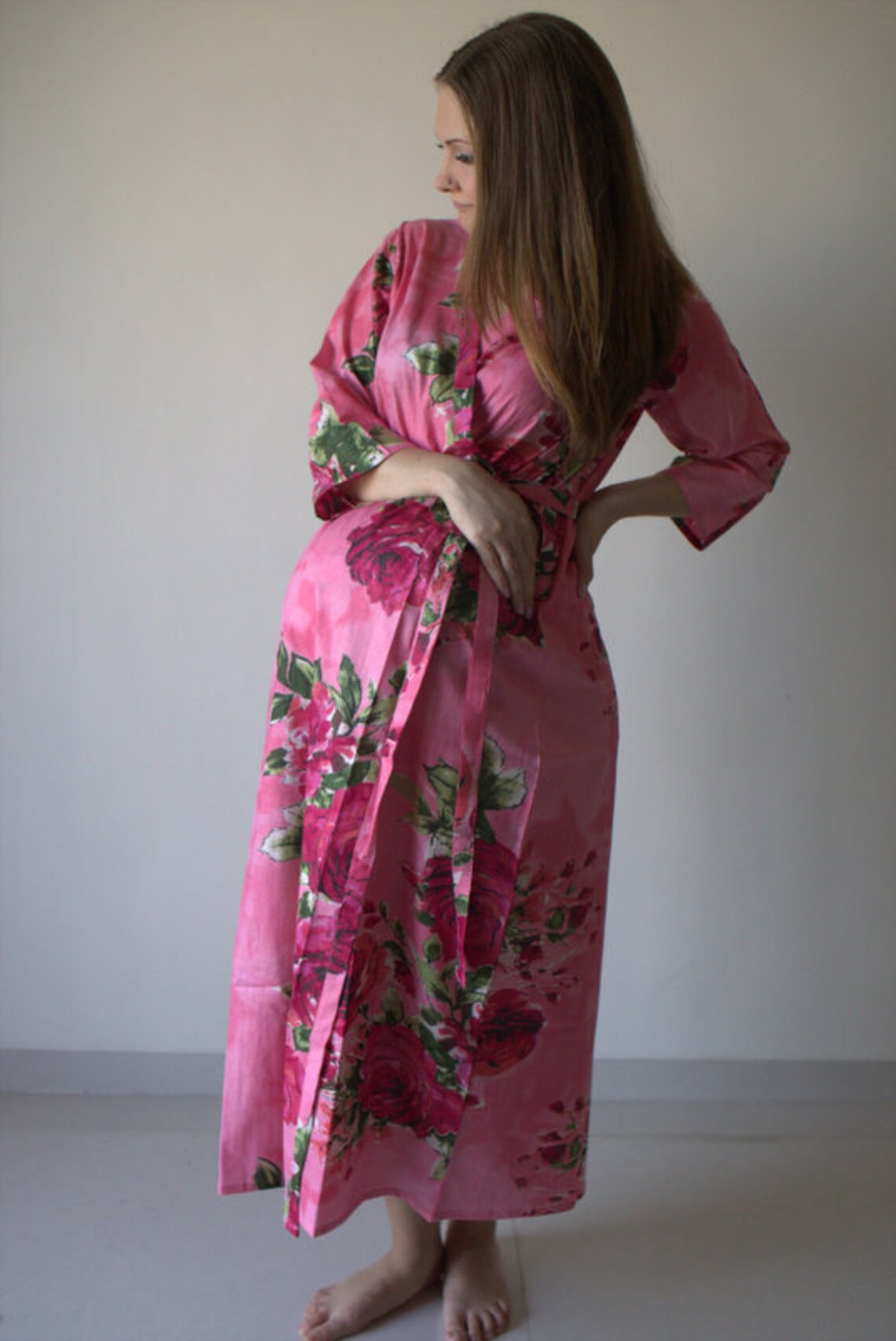 Coral Fuchsia Floral Ankle Length Maternity Robe Hospital Gown Labor ...