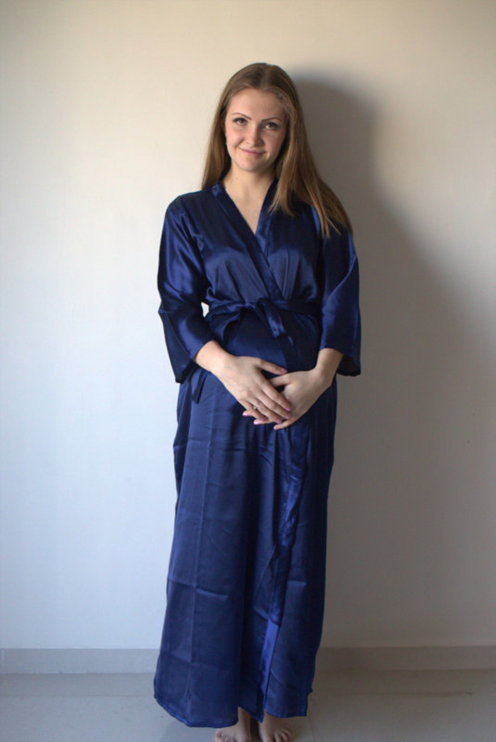 Navy Blue Plain Satin Silk Ankle Length Maternity Robe - Etsy