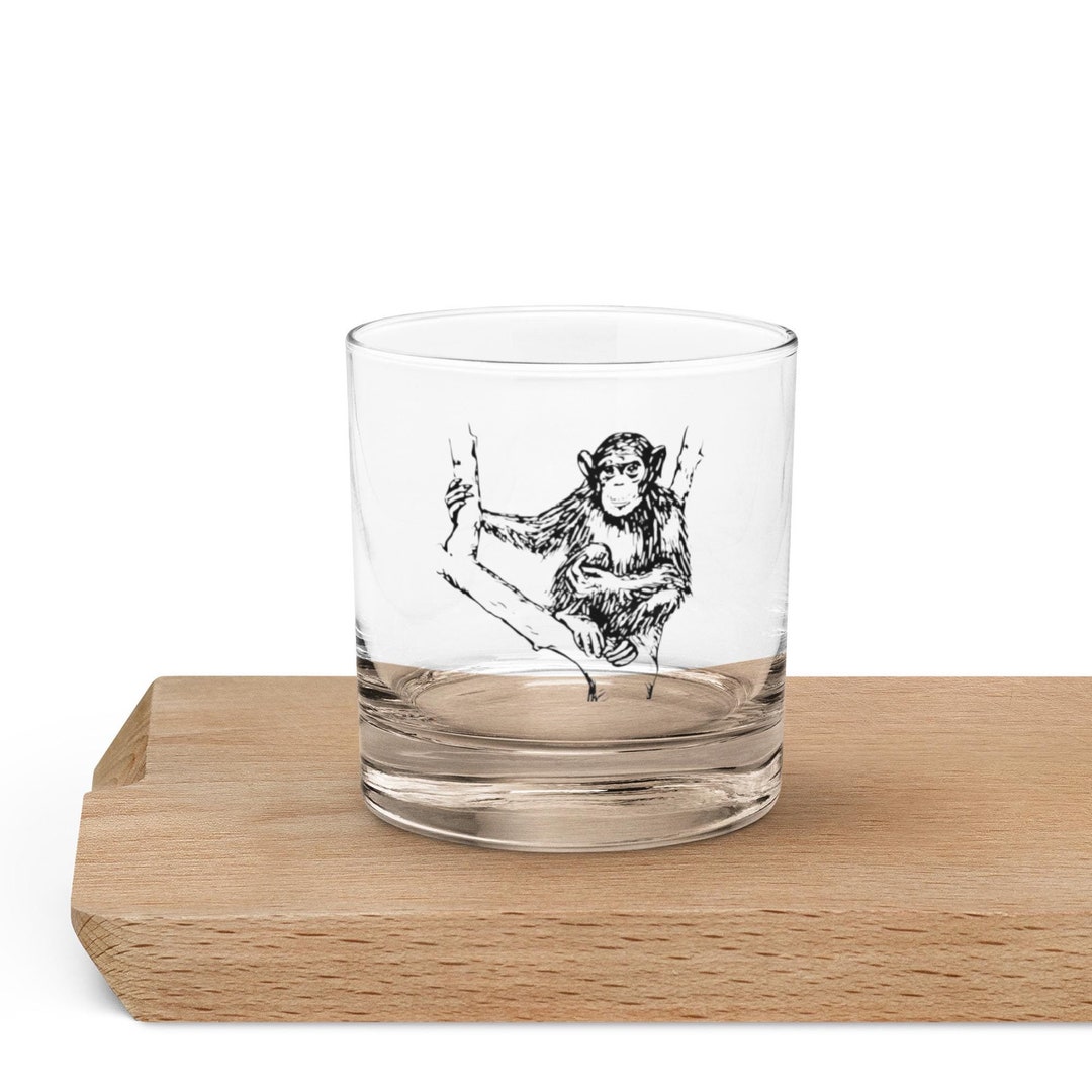 Playful Chimpanzee Whiskey Glass - Unique Monkey Etched Tumbler ...