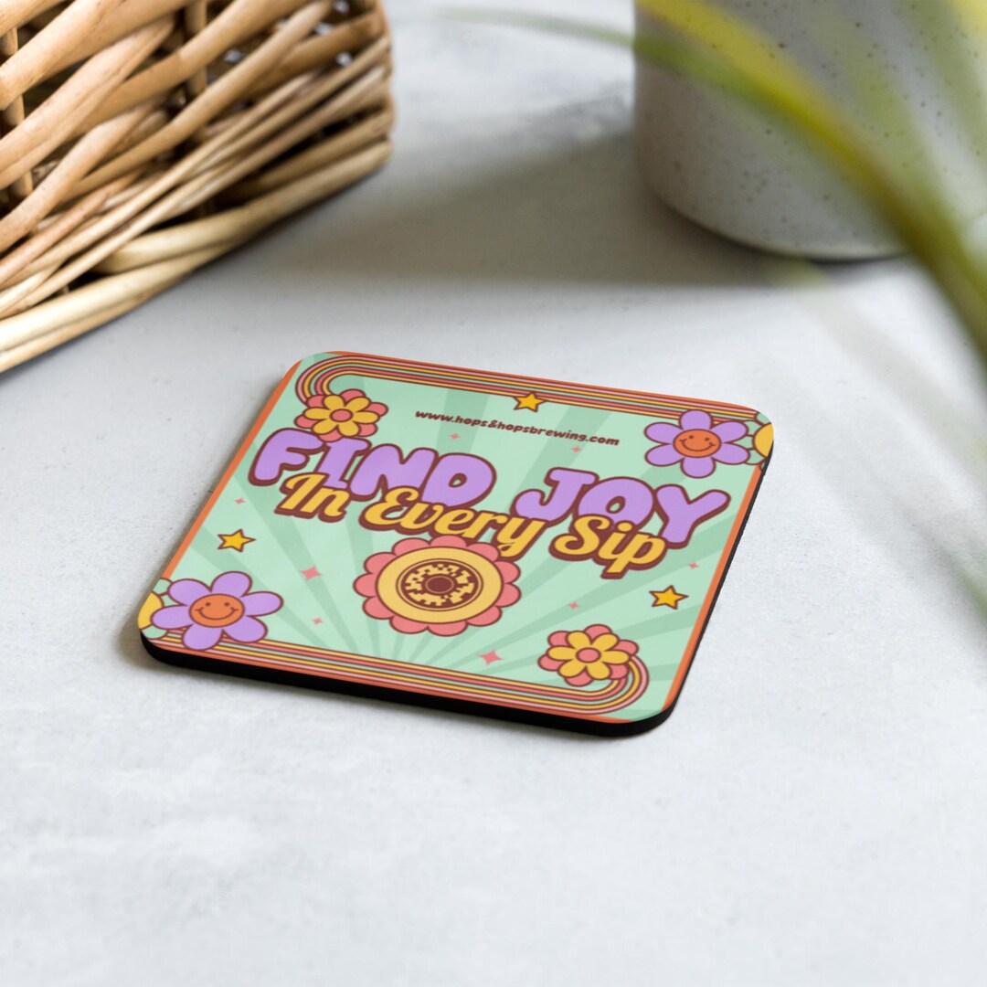 Find Joy in Every Sip Coaster - Retro Floral Smiley Drink Coaster ...