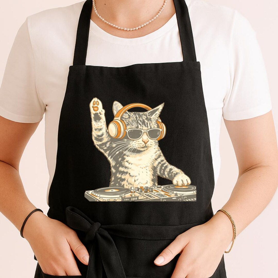 DJ Cat Chef Apron Funny Cat Cooking Apron Music Lover Kitchen Apron ...