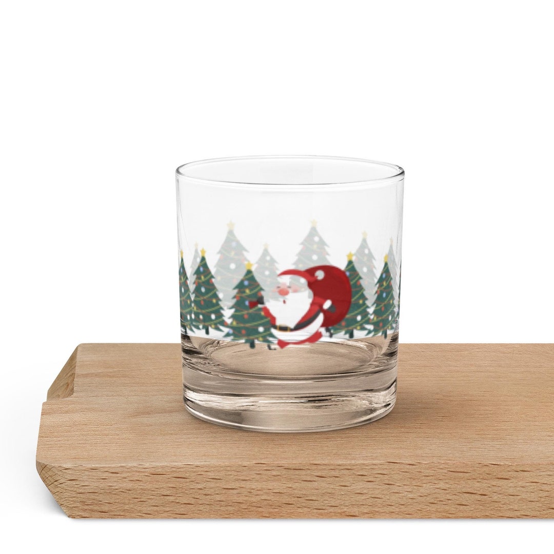 Santa and Christmas Trees Whiskey Glass, Festive Holiday Barware ...