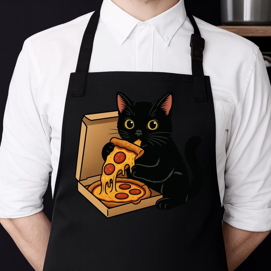 Cat Eating Pizza Apron - Funny Kitchen Cooking Apron, Animal Chef Apron ...
